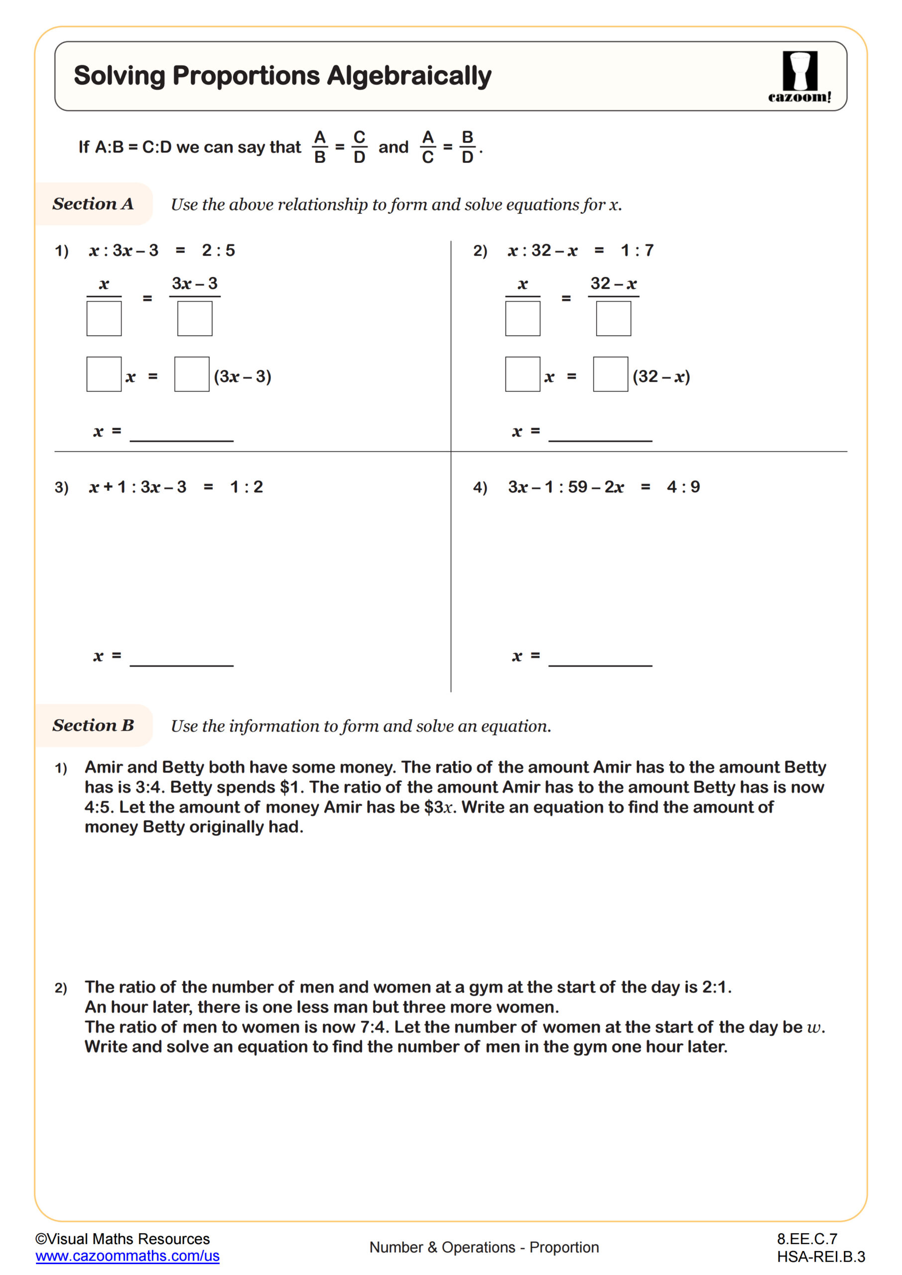 Solving Proportions Algebraically Worksheet | 8th Grade PDF Worksheets ...