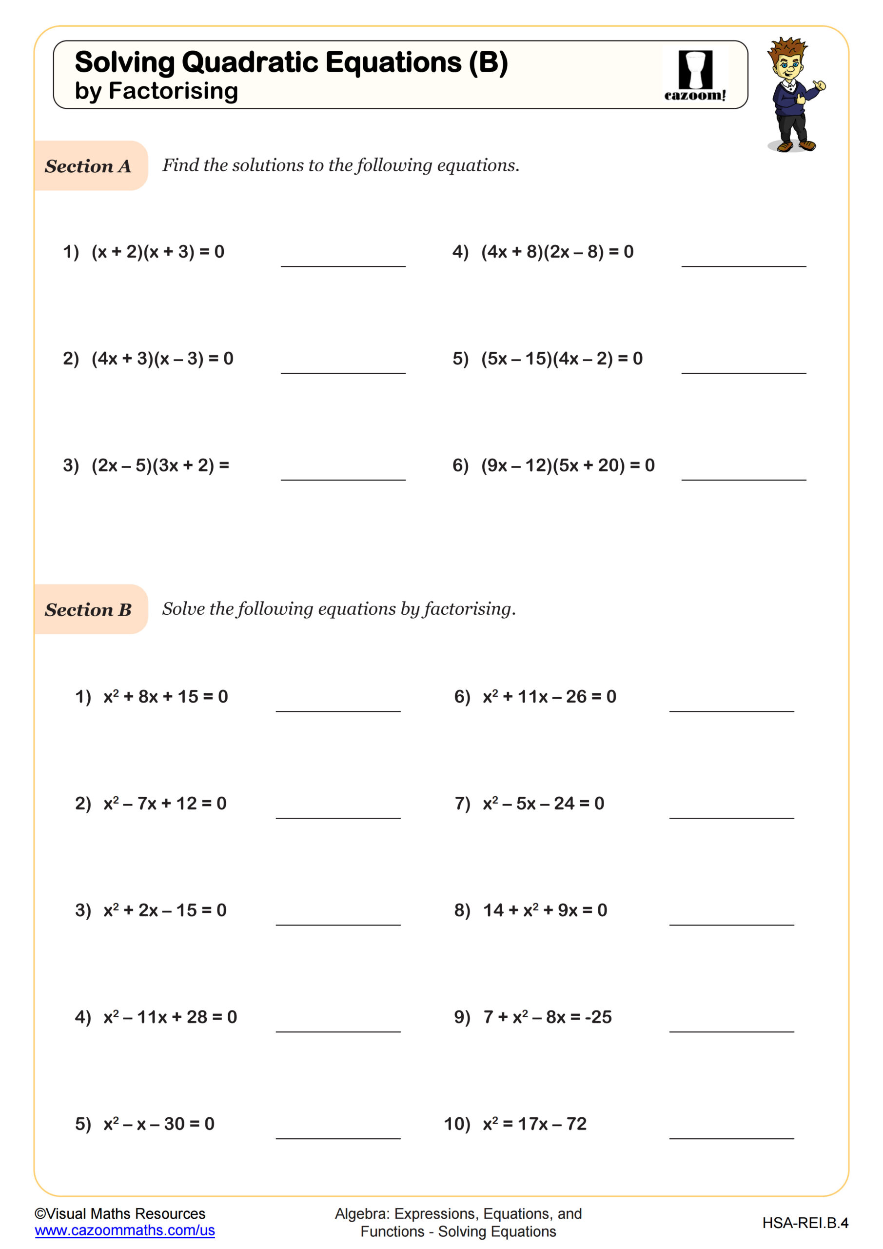Solving Quadratic Equations (B) - By Factoring Worksheet | Algebra I ...