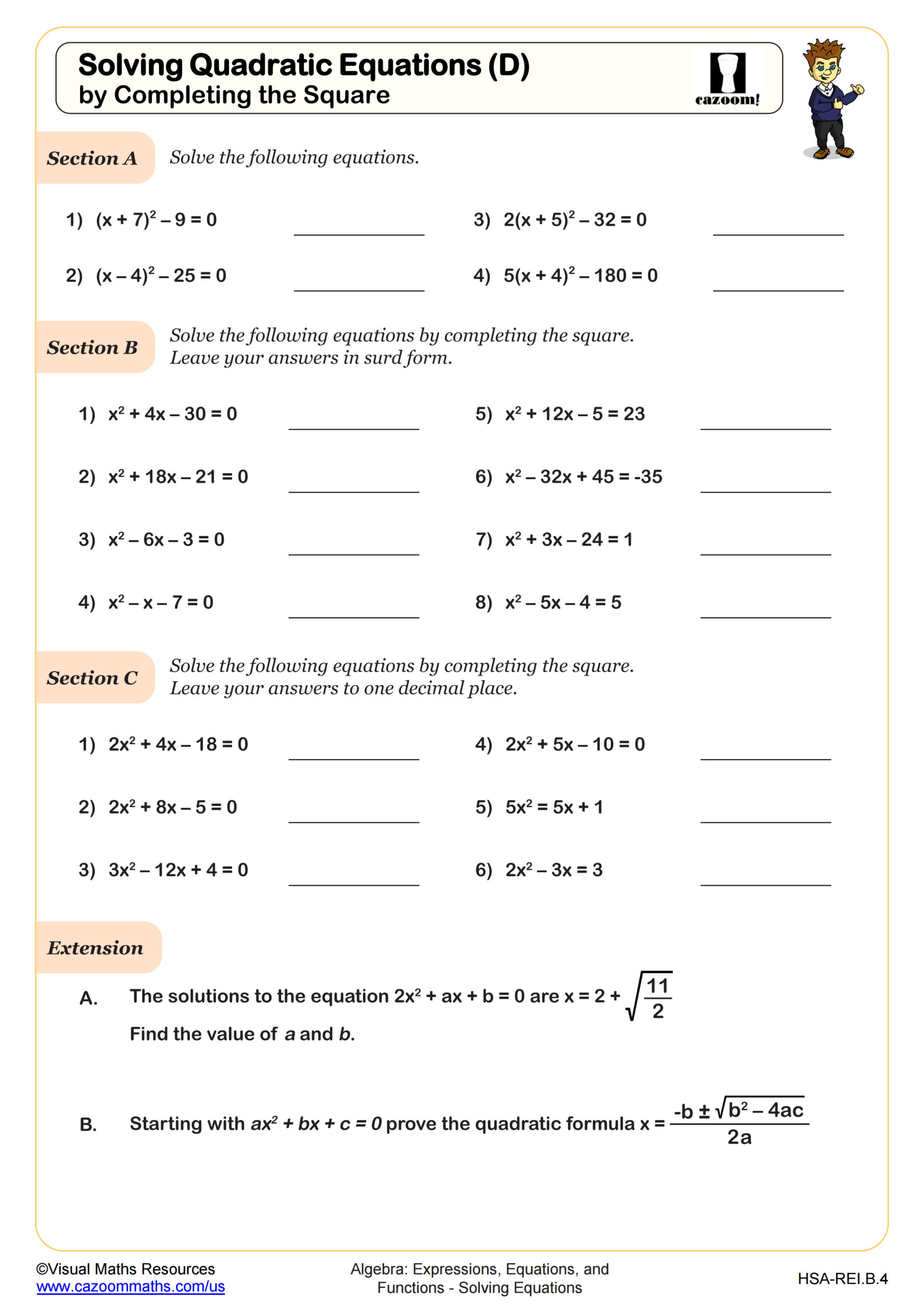 Solving Quadratic Equations (D) - By Completing the Square Worksheet ...