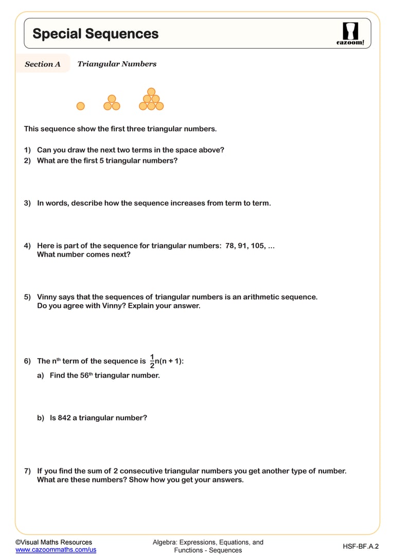 Special Sequences Worksheet | Fun and Engaging Algebra II PDF Worksheets