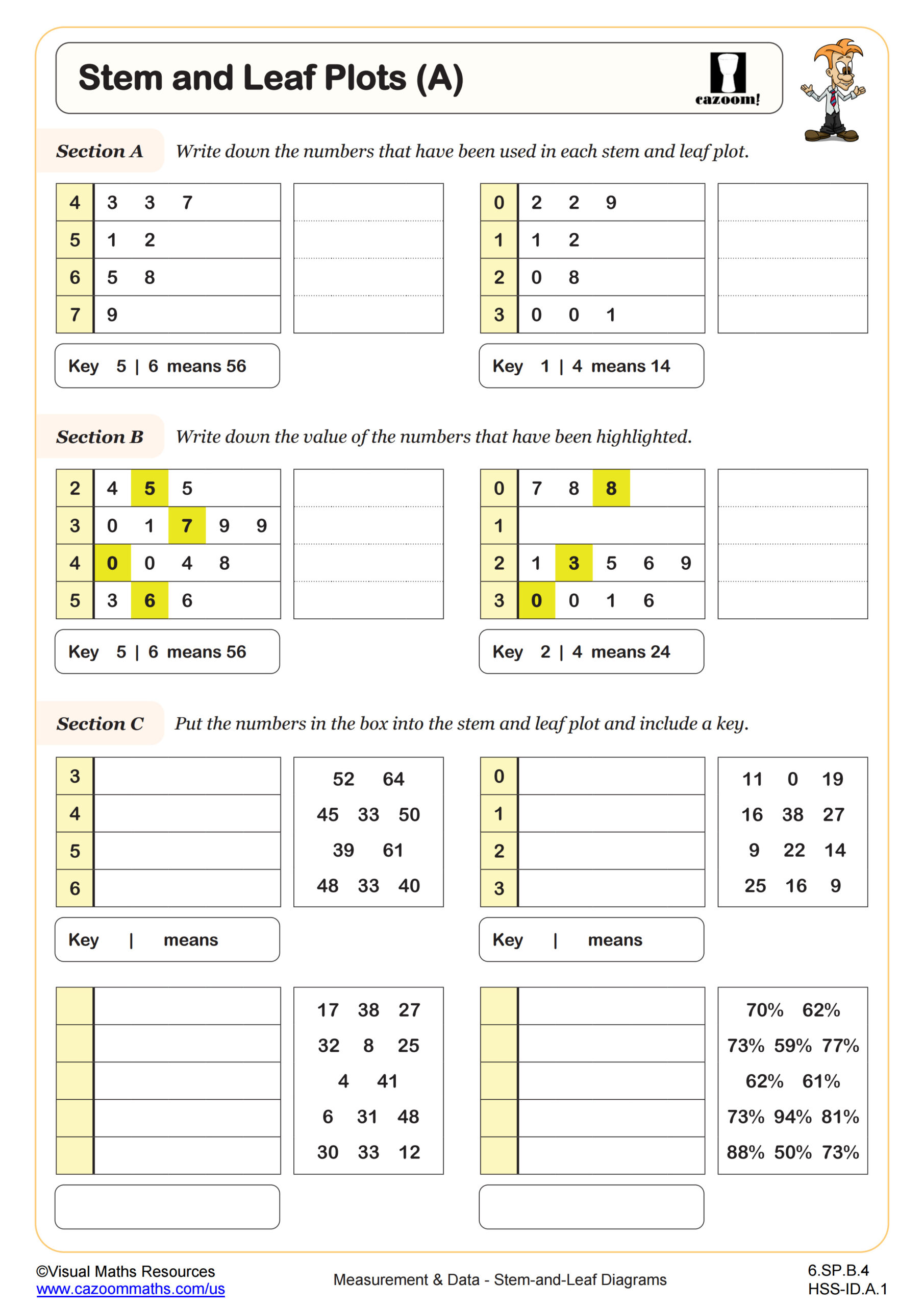 Stem and Leaf Plots (A) Worksheet | 6th Grade PDF Worksheets | Cazoom Math