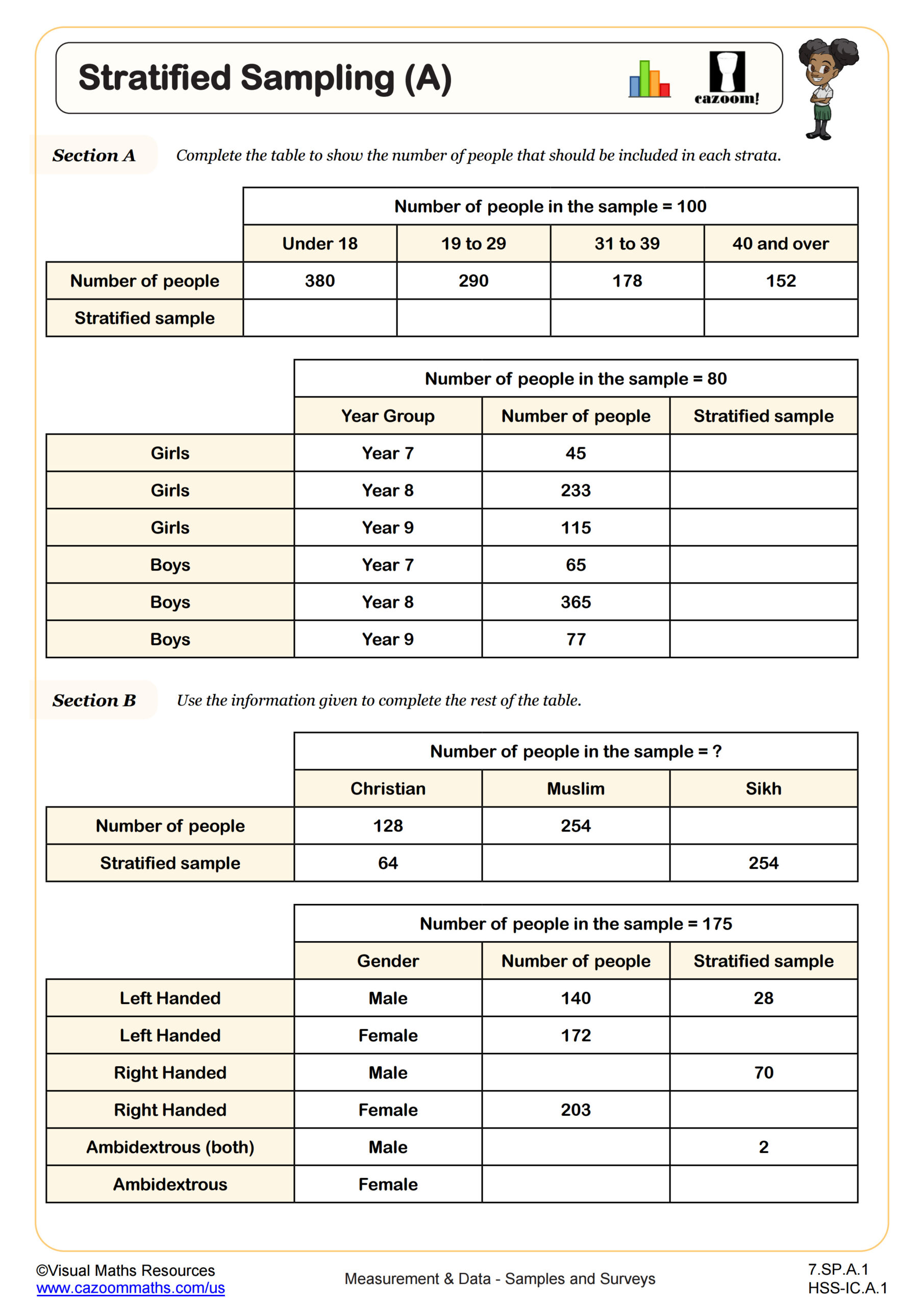 Stratified Sampling (A) Worksheet | PDF Printable Measurement & Data ...