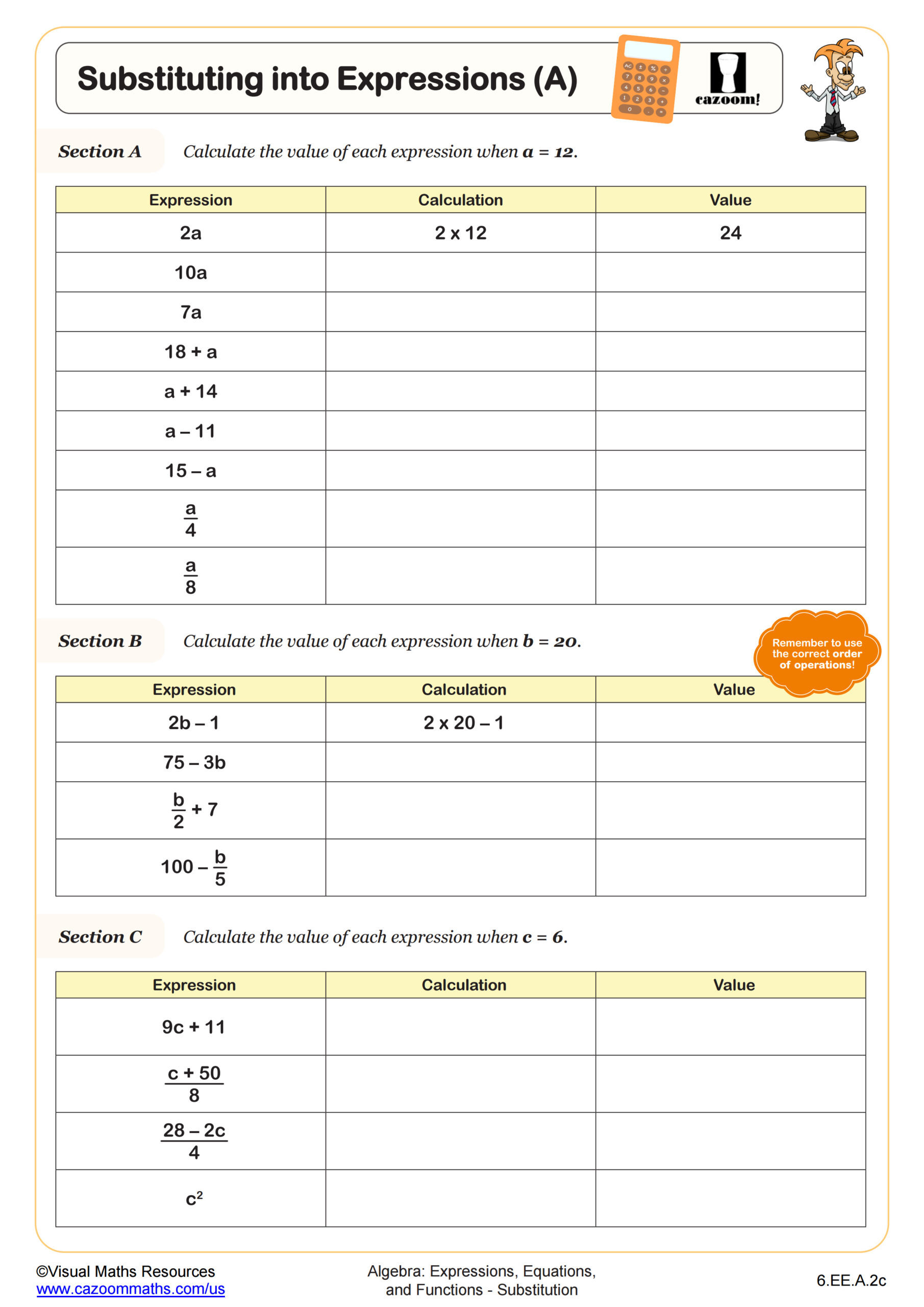 Substitution Math Worksheets | Common Core Worksheets | Cazoom Math