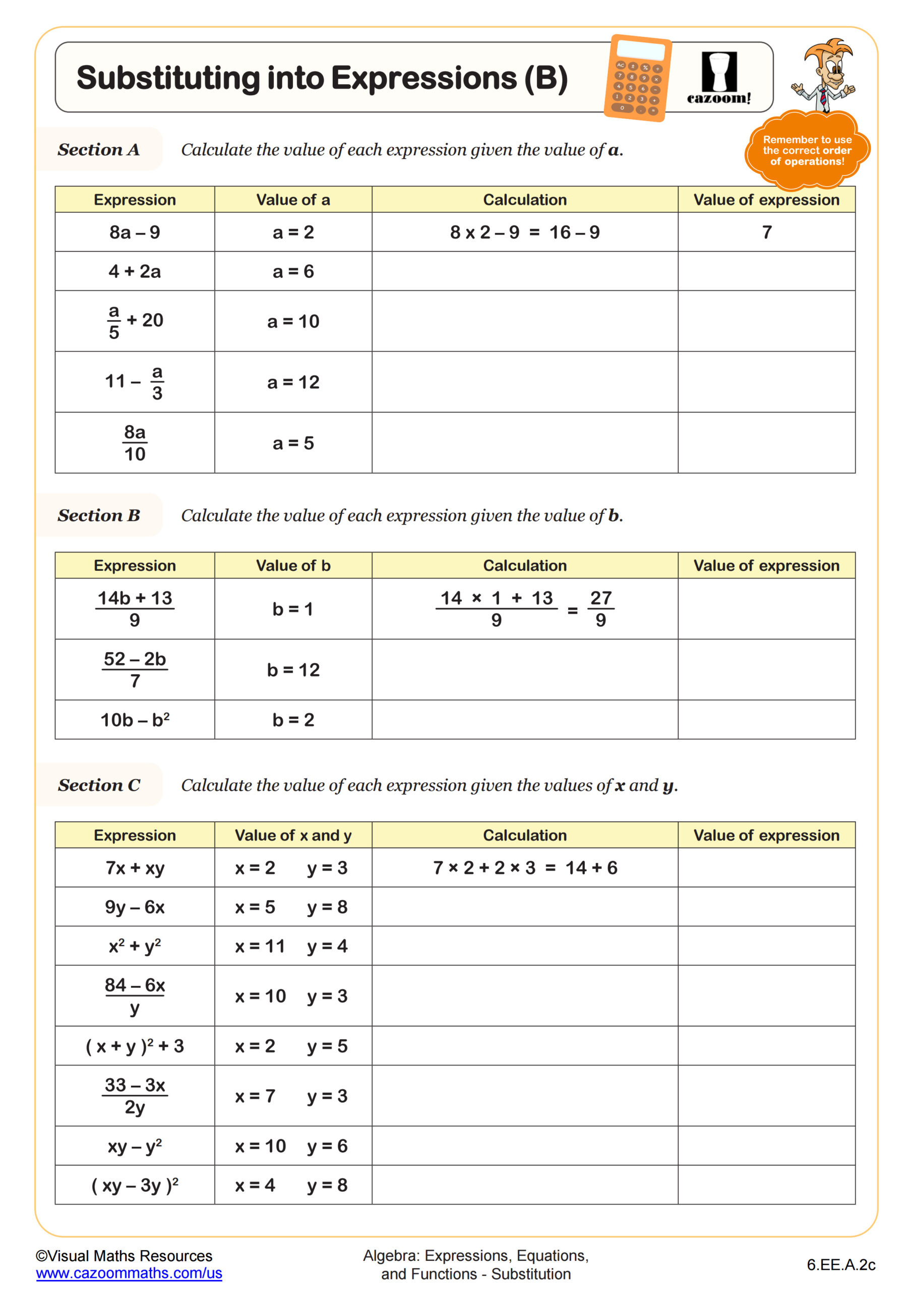 Substitution Math Worksheets | Common Core Worksheets | Cazoom Math
