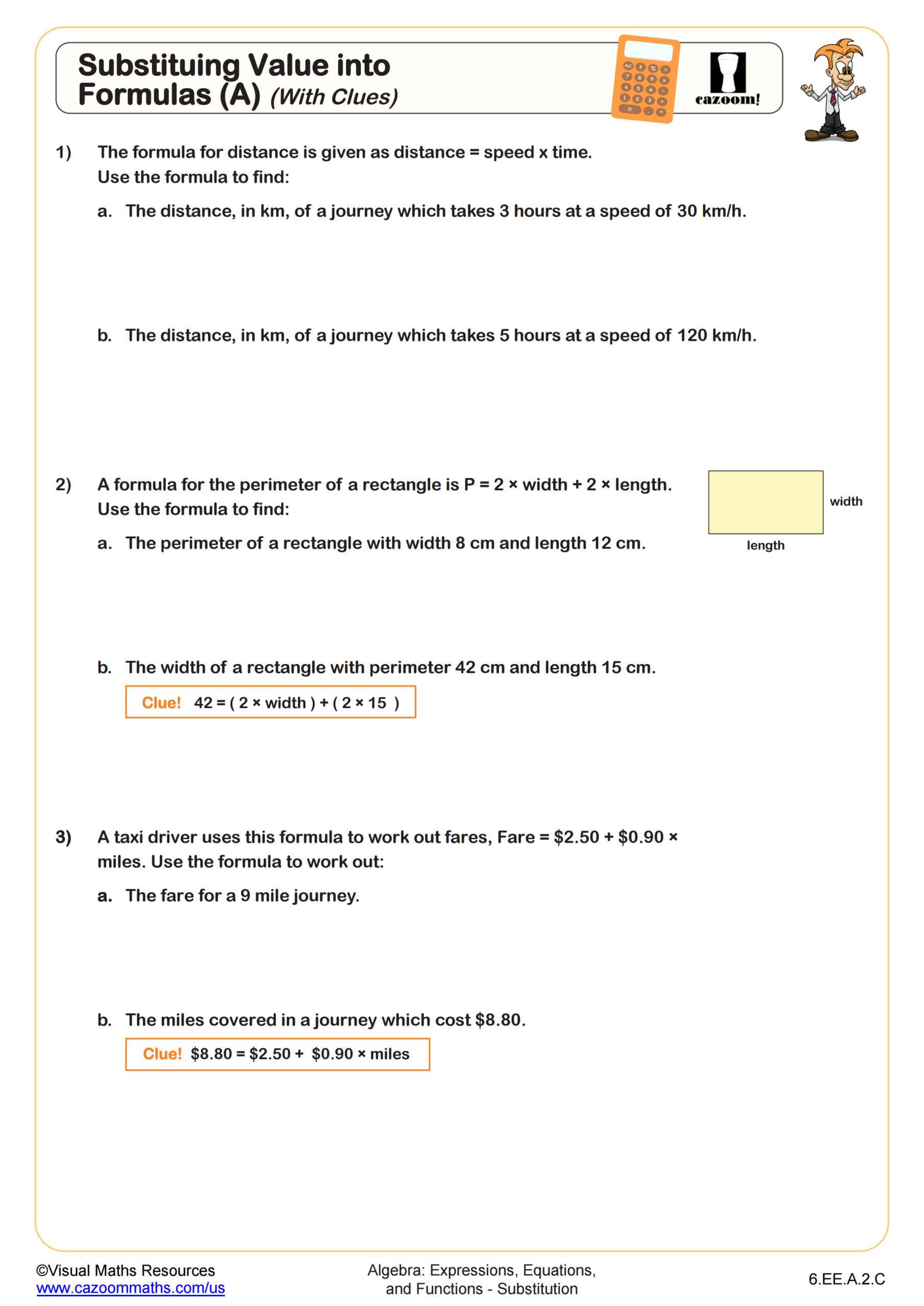 Substituing Value into Formulas (A) (With Clues) Worksheet | PDF ...