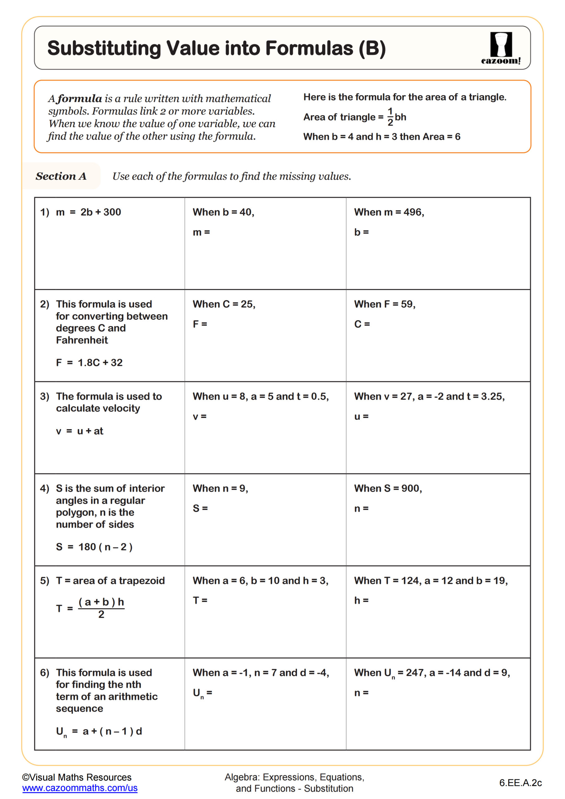 6th Grade Substitution Worksheets | PDF Printable Worksheets | Cazoom Math