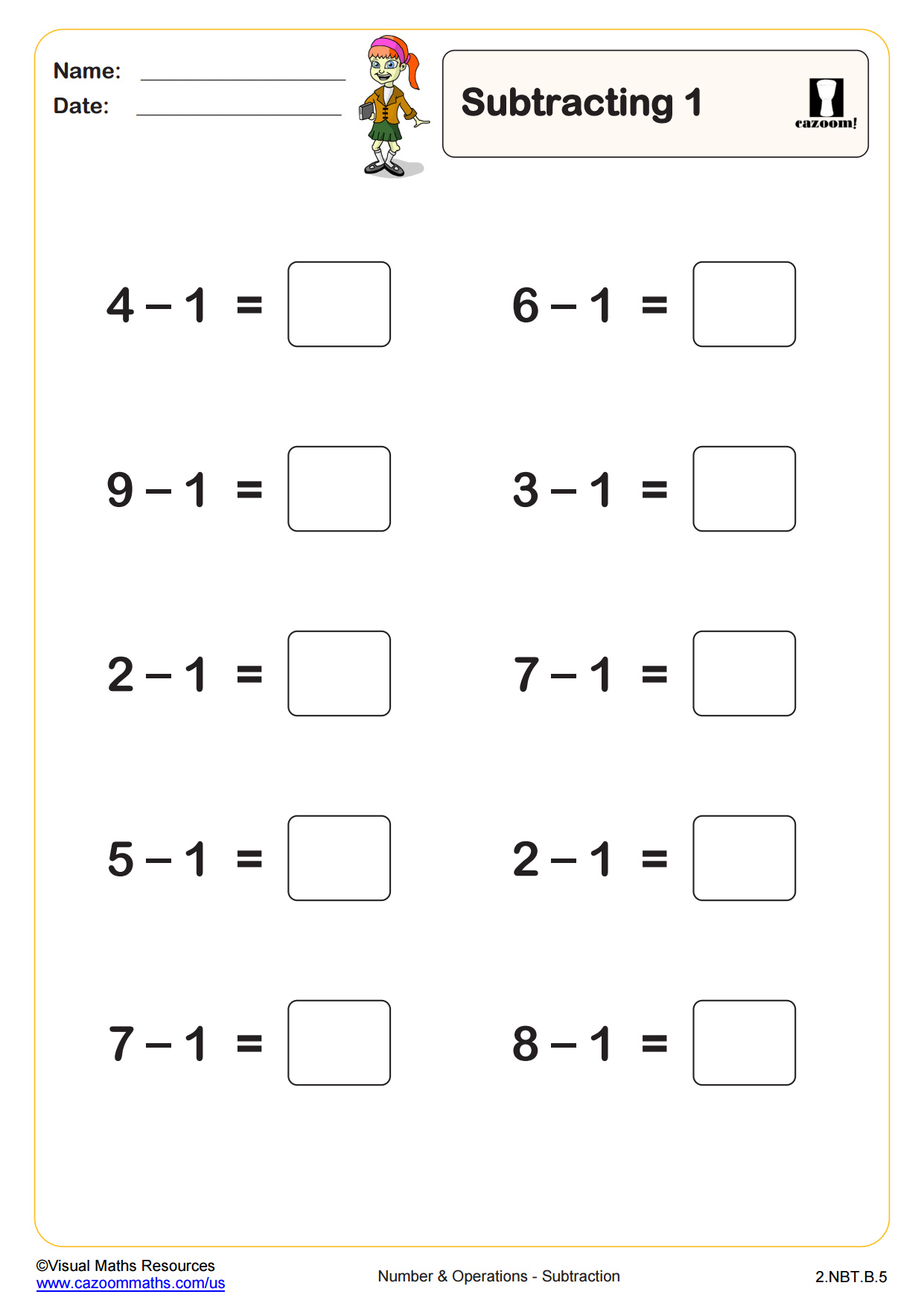 Subtracting 1 (10 questions) | PDF printable Operations and Algebraic ...