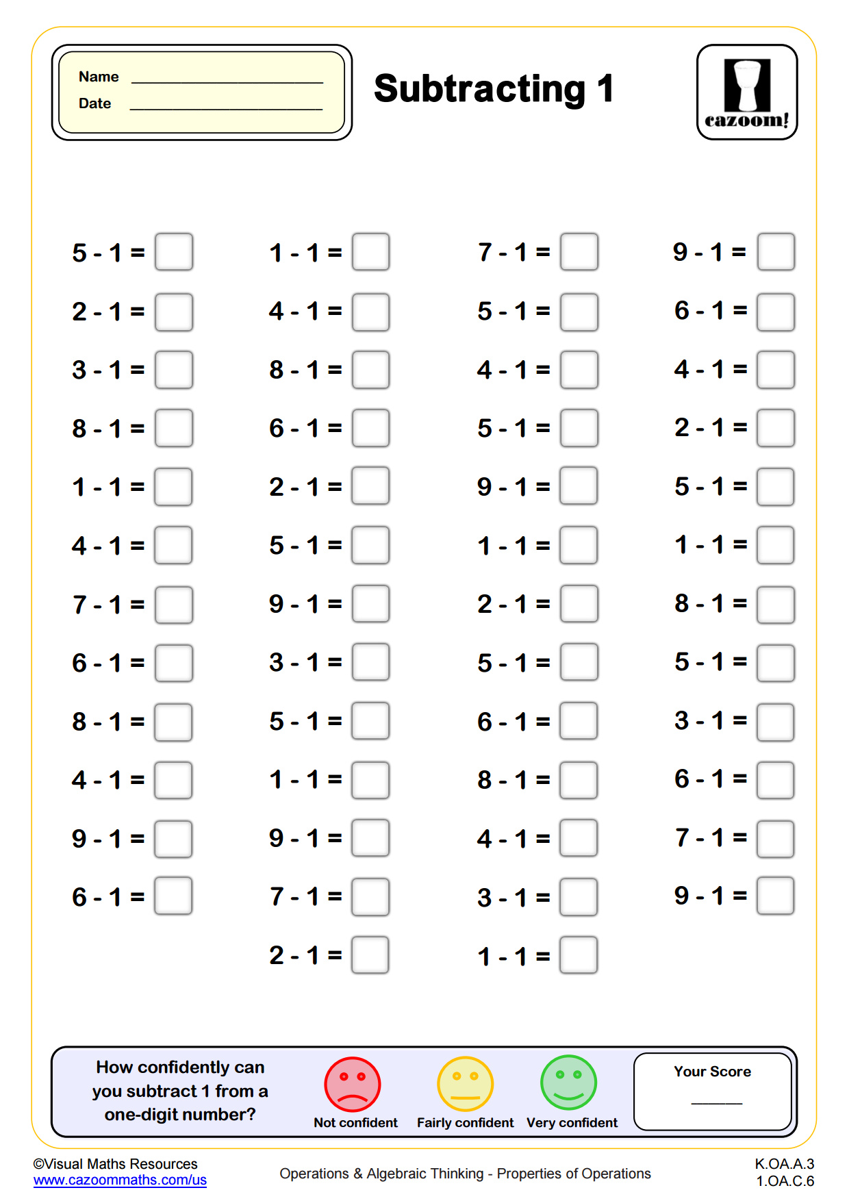 Subtracting 1 (50 questions) | K Grade PDF Operations and Algebraic ...