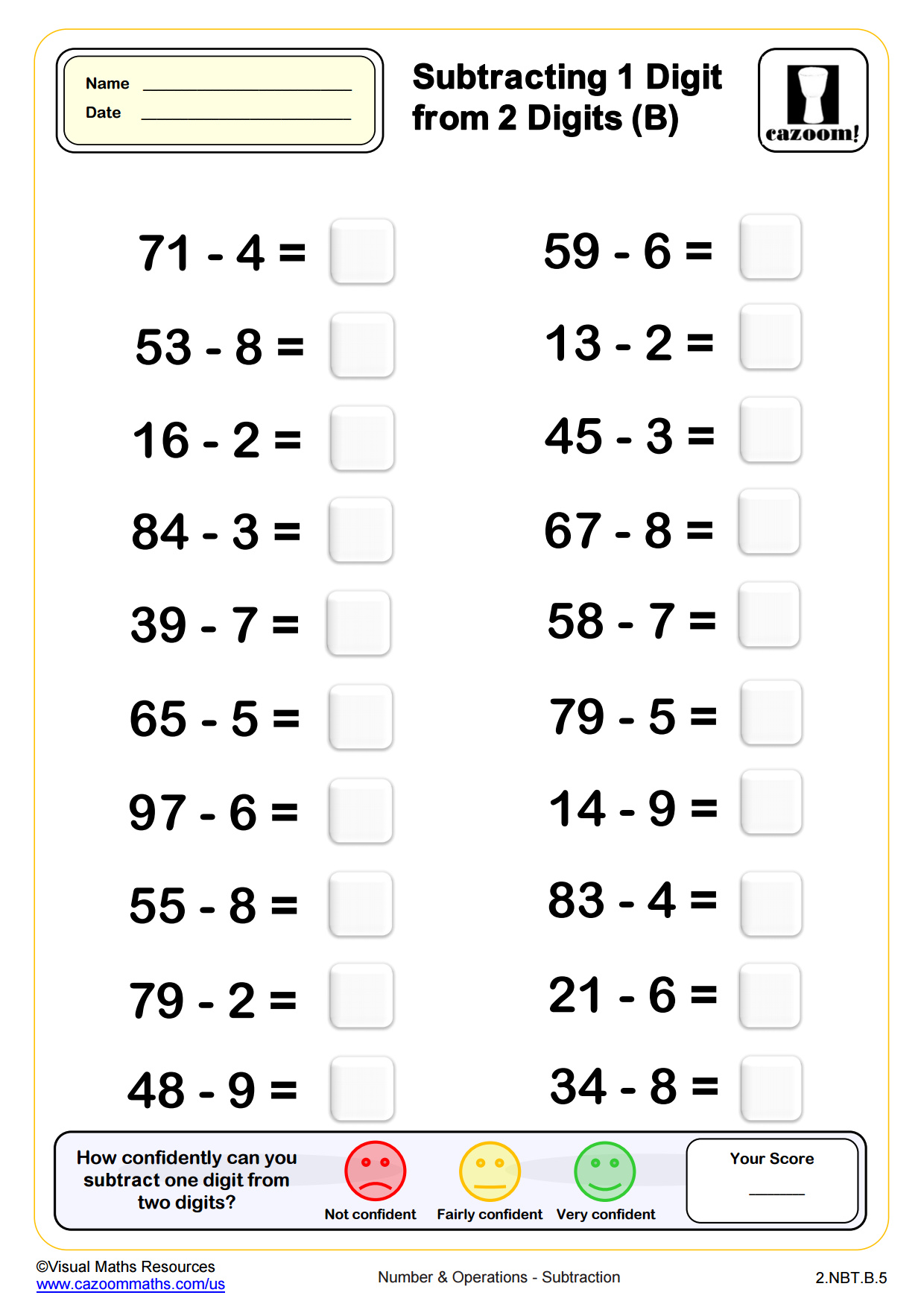 Subtracting 1 Digit from 2 Digits (B) | PDF printable Number and ...