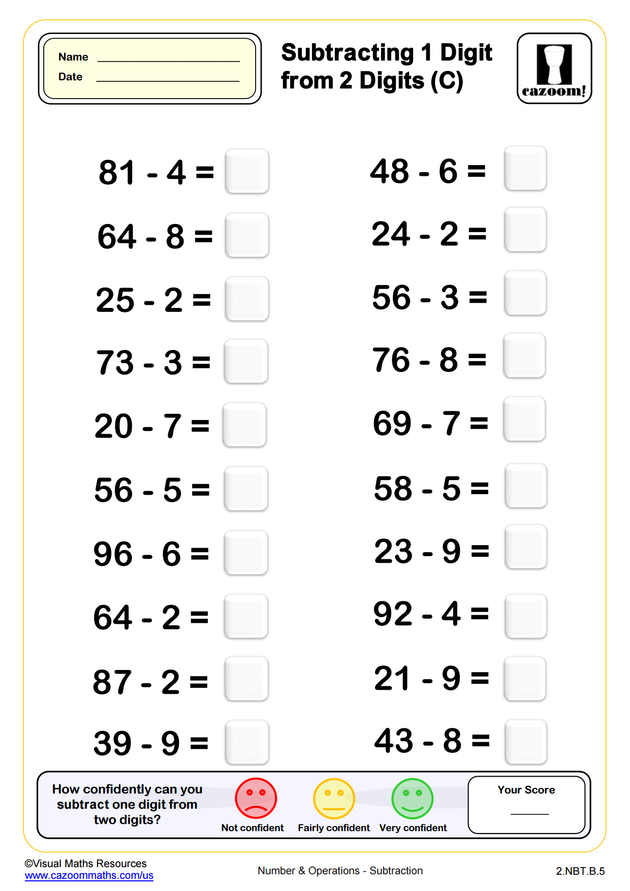 Subtracting 1 Digit from 2 Digits (C) | 2nd Grade PDF Number and ...
