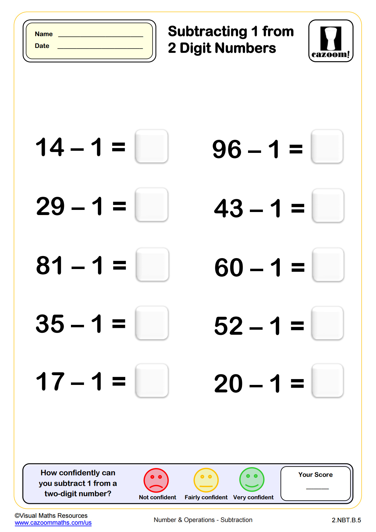Subtracting 1 from two digit numbers (50 questions) | PDF printable Number and Operations ...