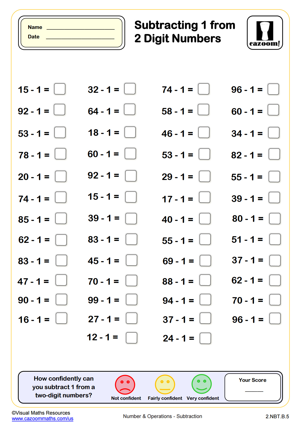 Subtracting 1 from two digit numbers (50 questions) | PDF printable Number and Operations ...