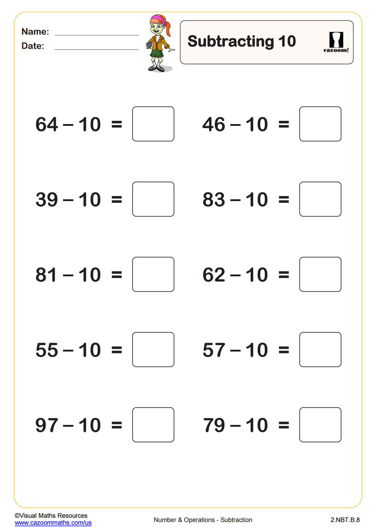 Subtracting 10 (50 questions) | PDF printable Number and Operations ...