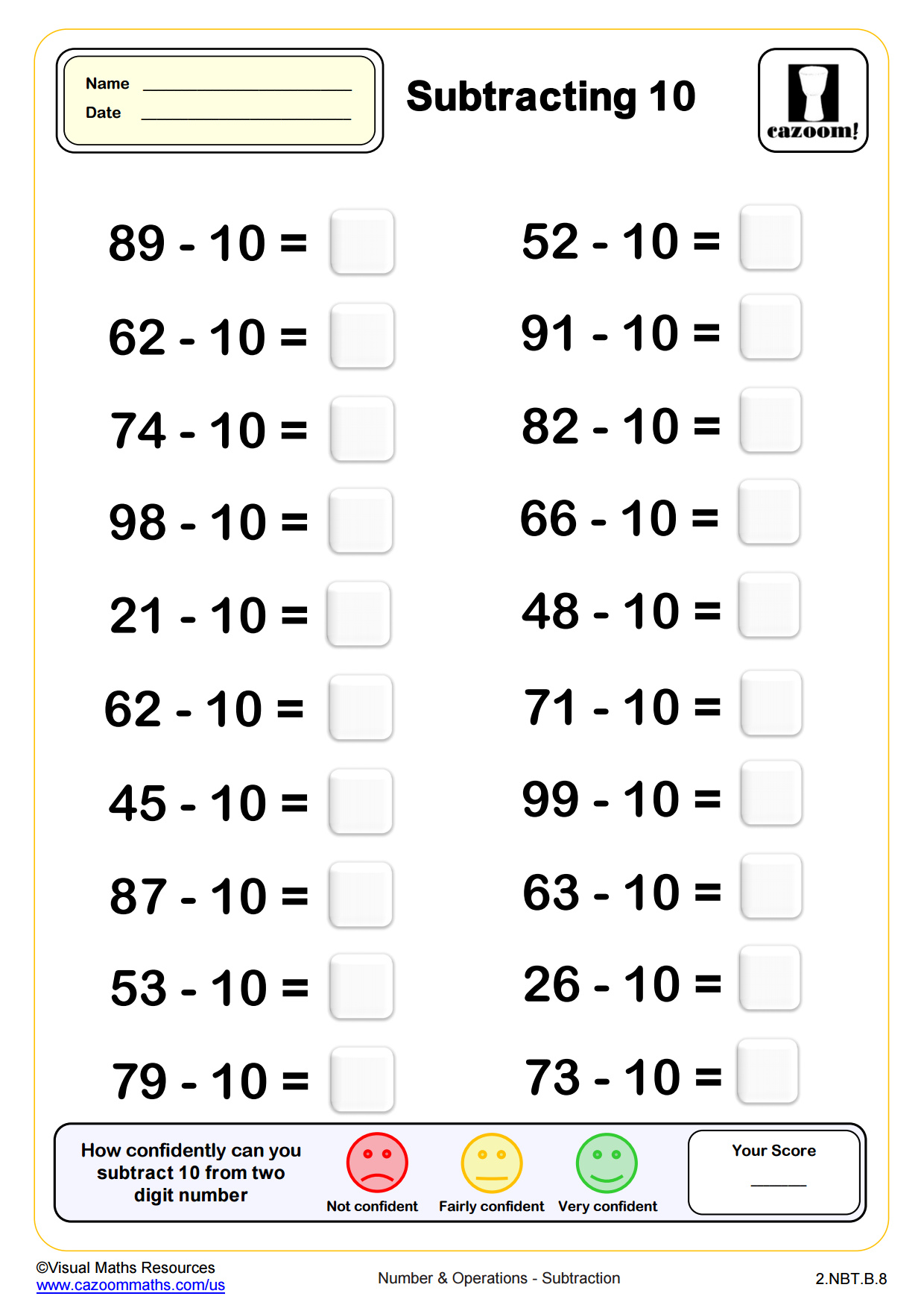 Subtracting 10 (20 questions) | 2nd Grade PDF Number and Operations ...