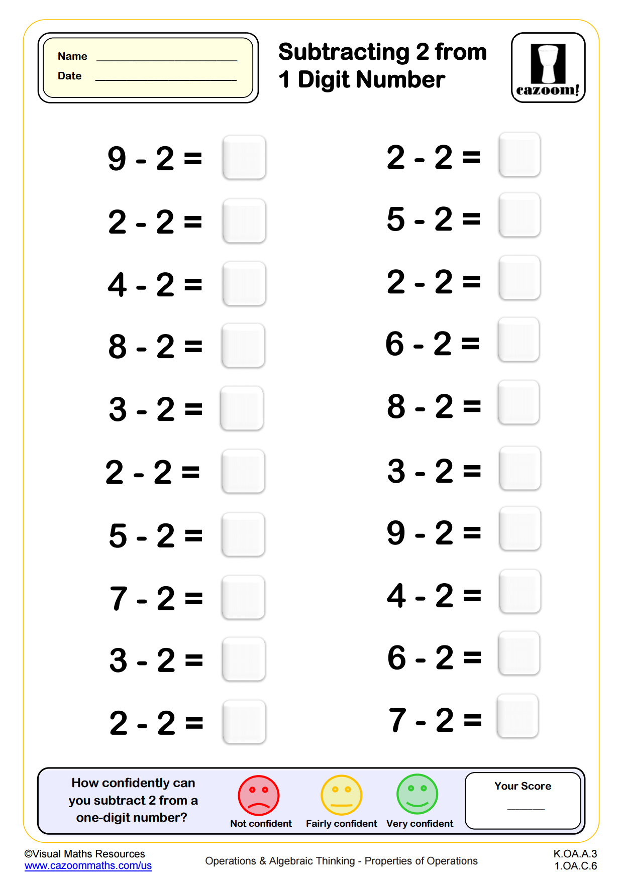 Subtracting 2 (20 questions) | K Grade PDF Operations and Algebraic ...