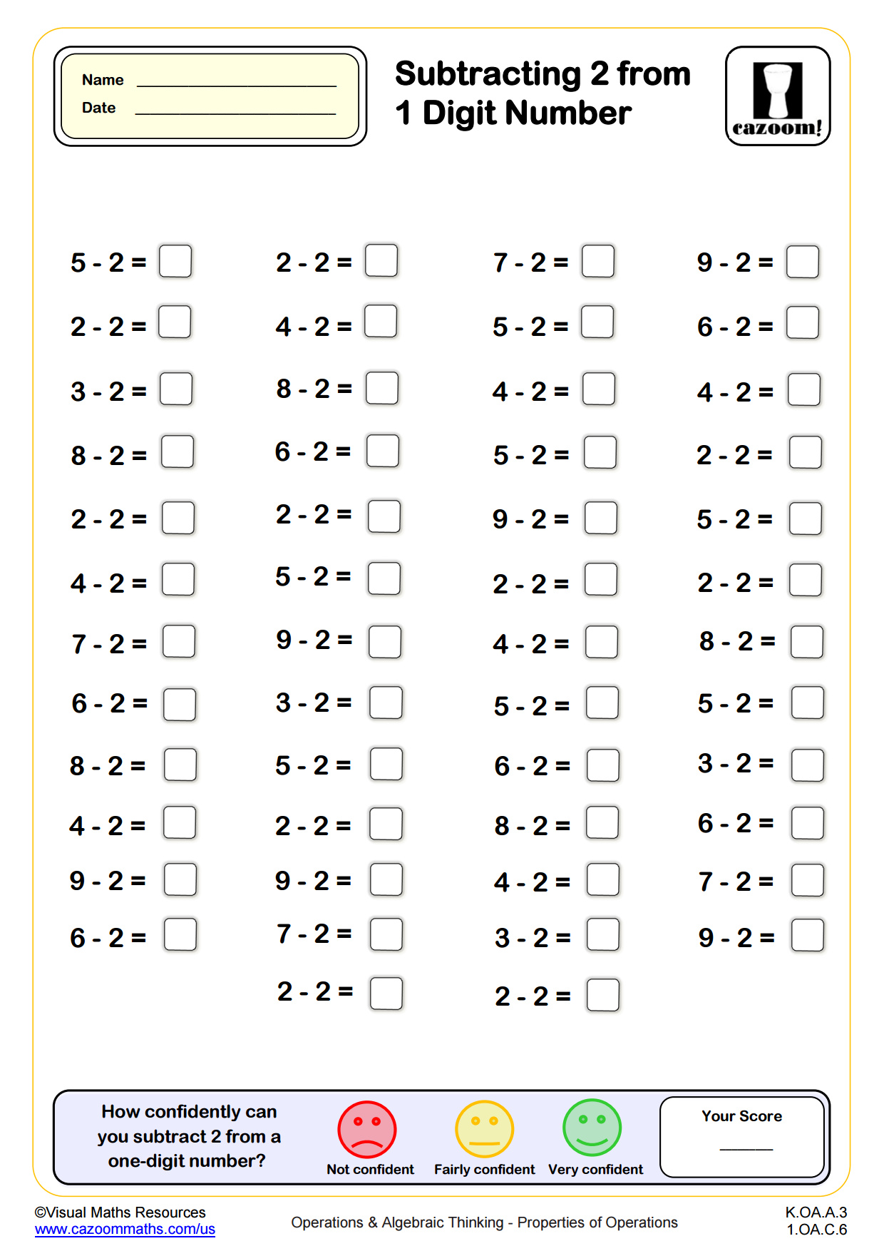 Subtracting 2 (50 questions) | PDF printable Operations and Algebraic ...