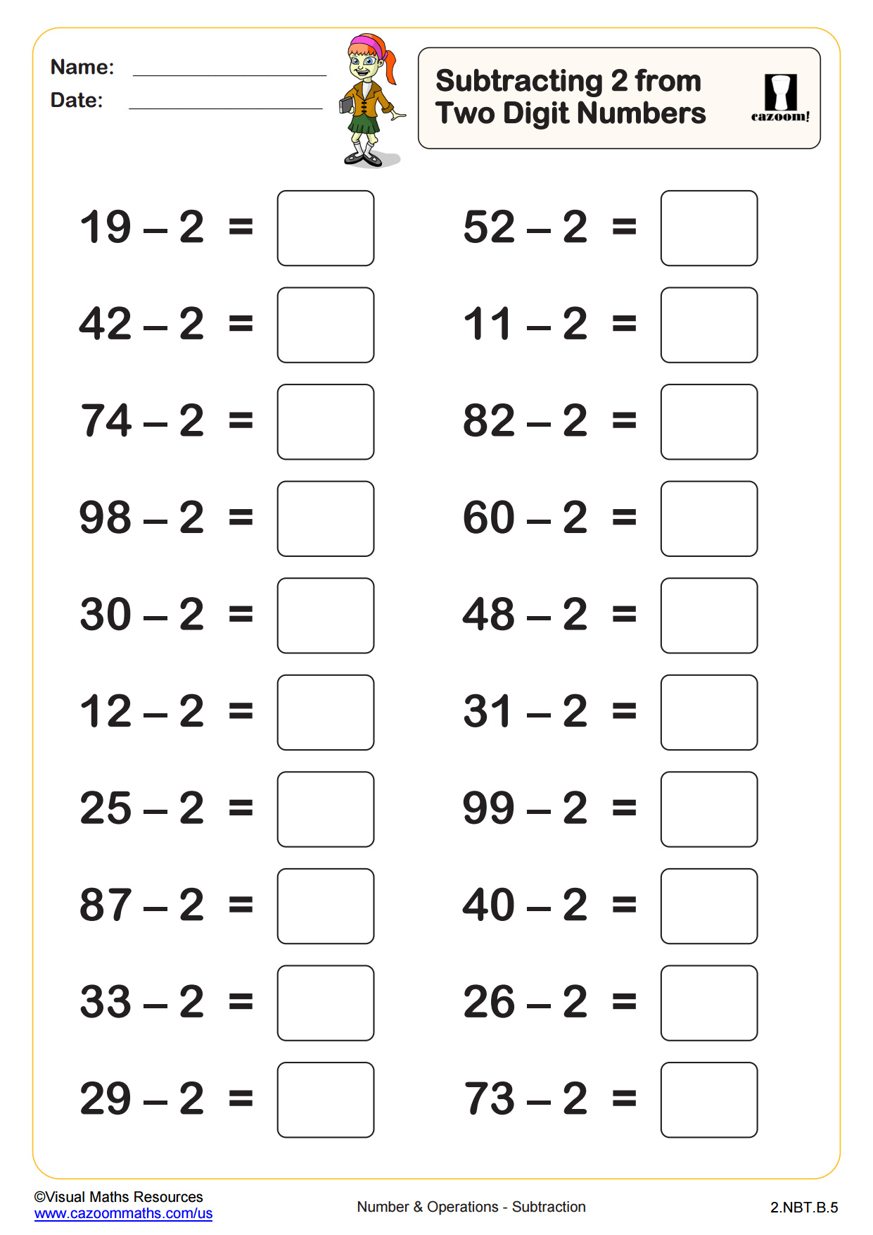 Subtracting 2 from two digit numbers (20 questions) | Fun and Engaging ...