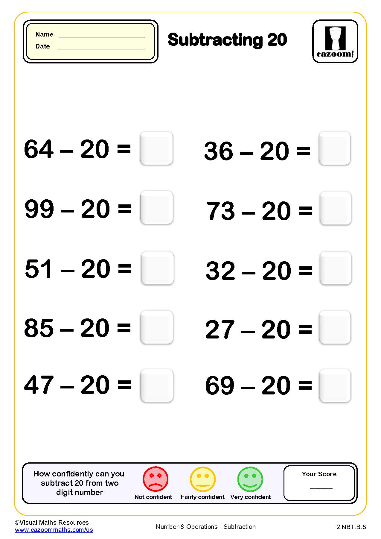Subtracting 20 (10 questions) | Fun and Engaging 2nd Grade PDF ...