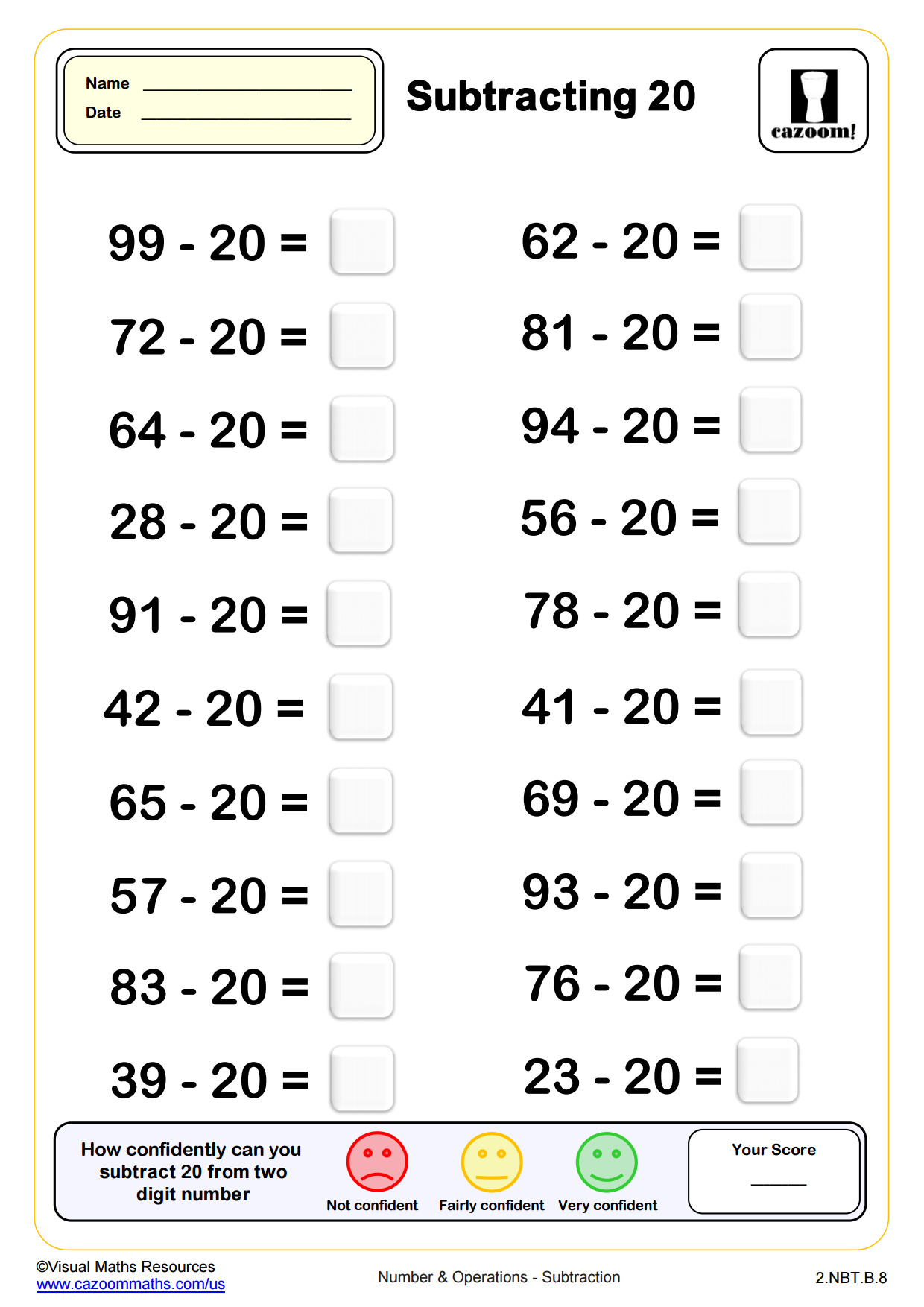 Subtracting 20 (20 questions) | 2nd Grade PDF Number and Operations ...