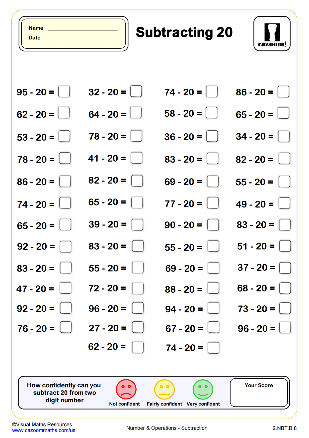 Subtracting 20 (50 questions) | PDF printable Number and Operations ...