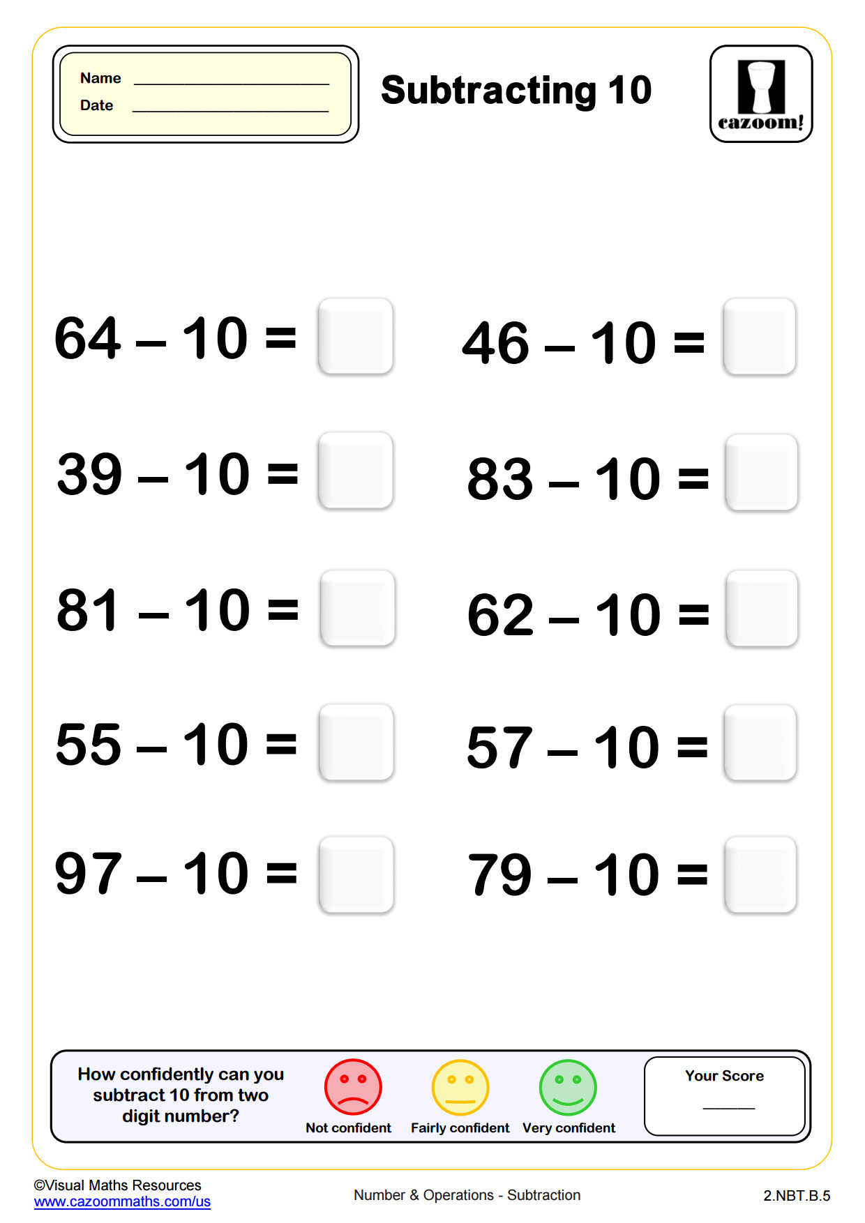 Subtracting 3 from Two Digit Numbers (10 questions) | Fun and Engaging ...