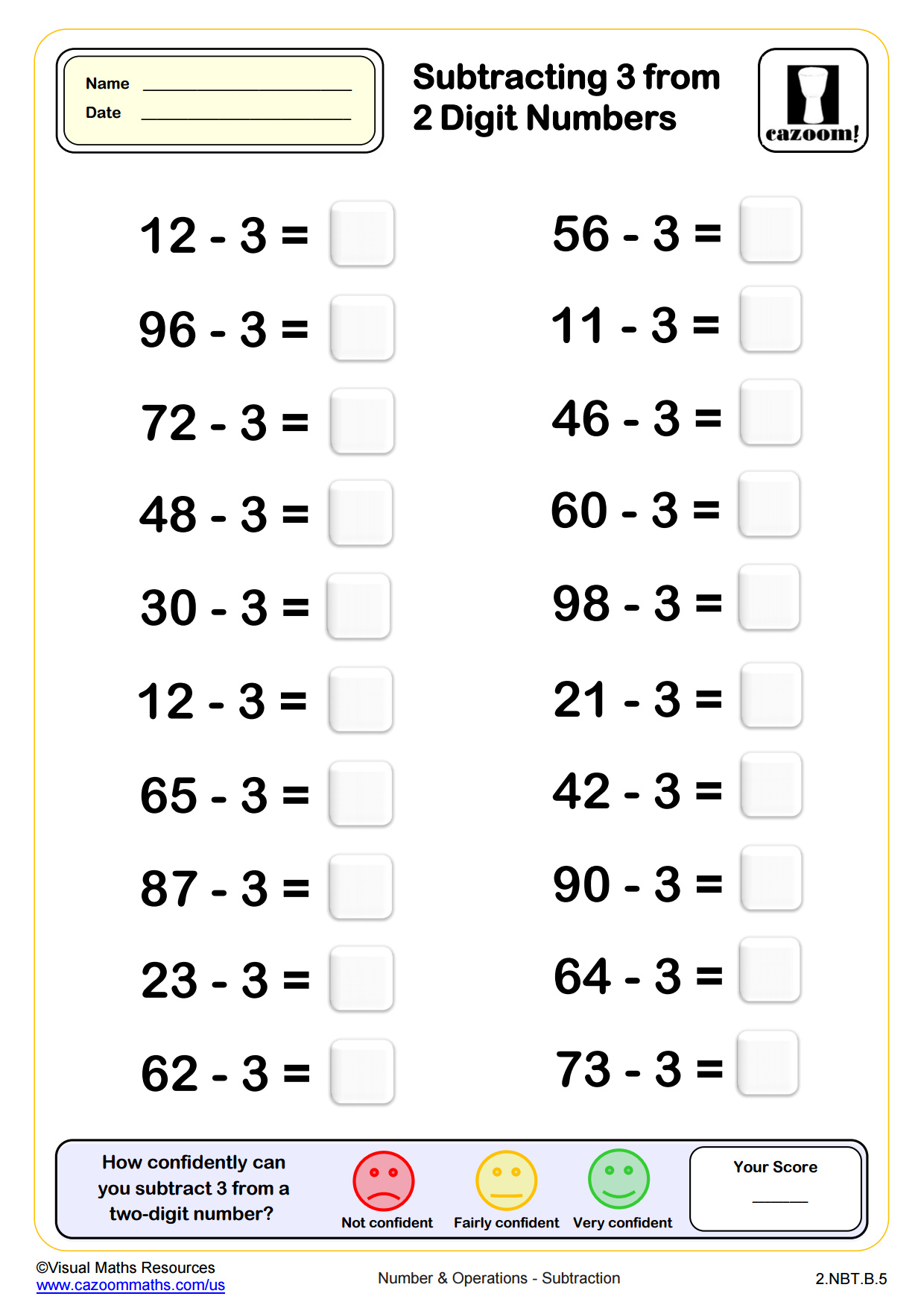 Subtracting 3 from Two Digit Numbers (10 questions) | Fun and Engaging ...