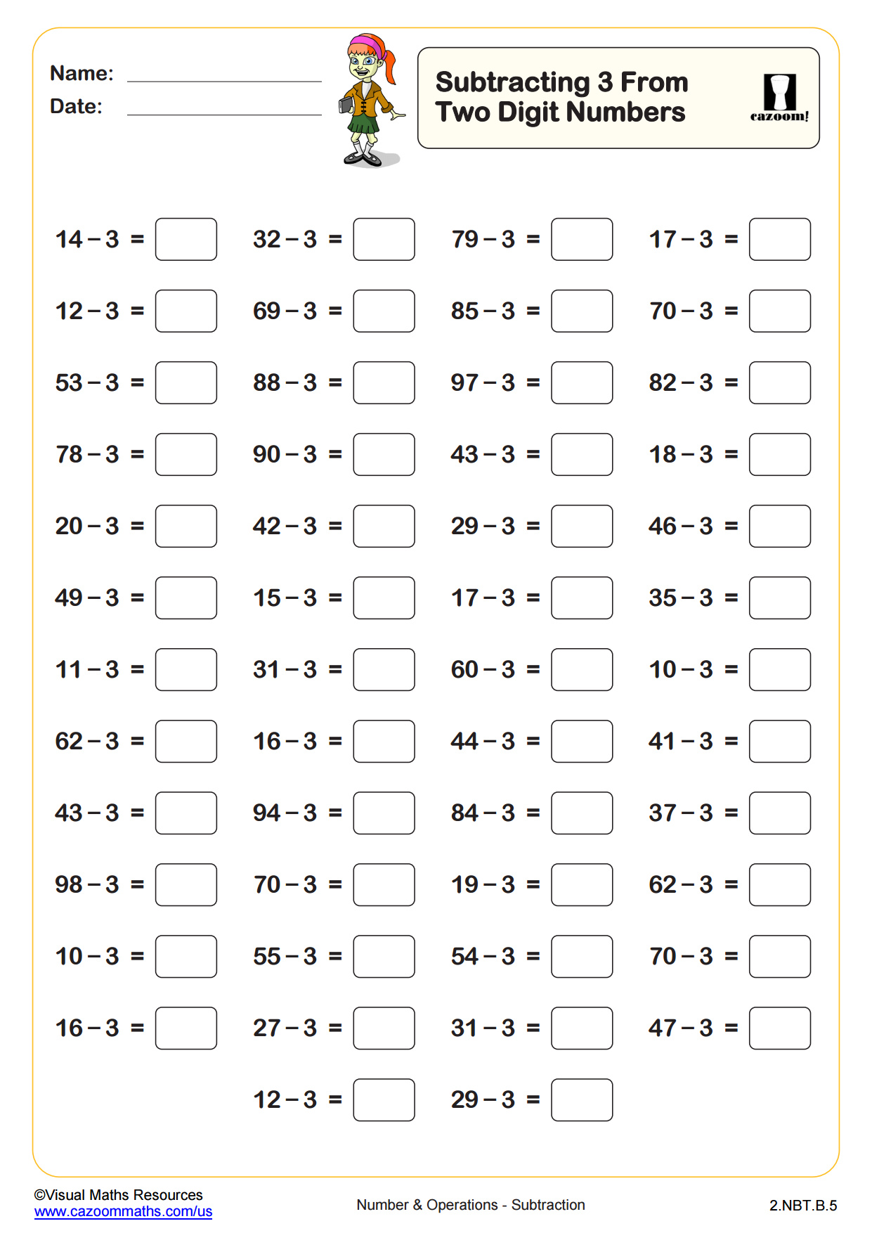 Subtracting 3 from Two Digit Numbers (50 questions) | PDF printable ...