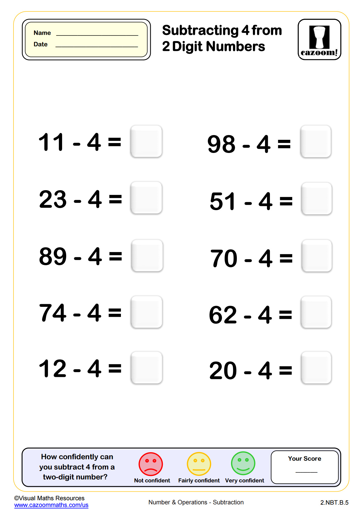 Subtracting 5 from Two Digit Numbers (10 questions) | Fun and Engaging ...