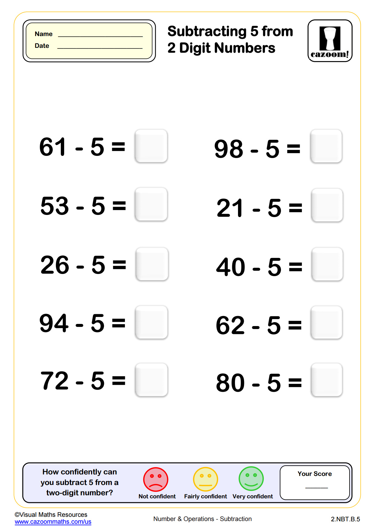 Subtracting 5 from Two Digit Numbers (10 questions) | Fun and Engaging ...