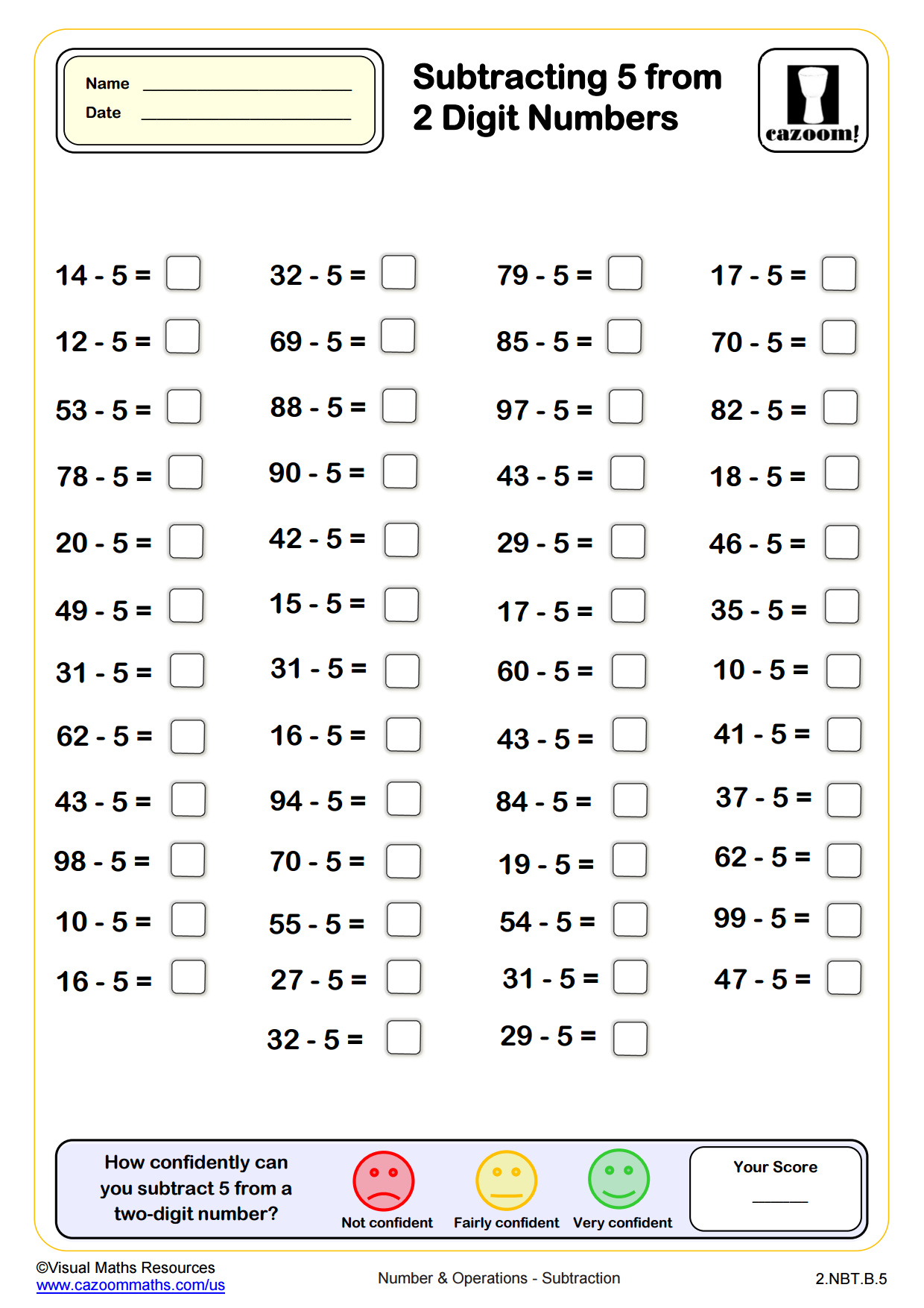 Subtracting 5 from Two Digit Numbers (50 questions) | PDF printable ...