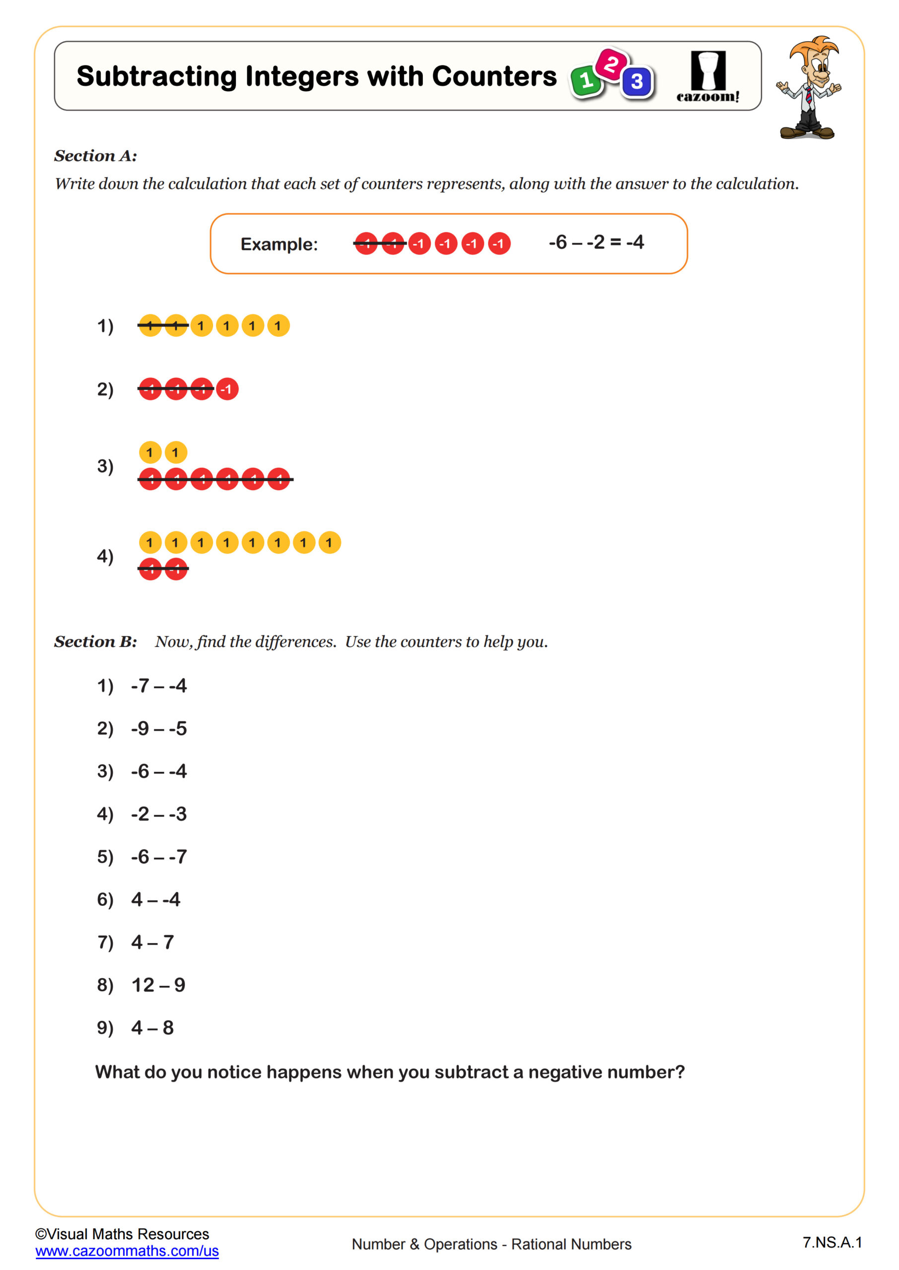 Subtracting Integers with Counters Worksheet | Fun and Engaging 7th ...