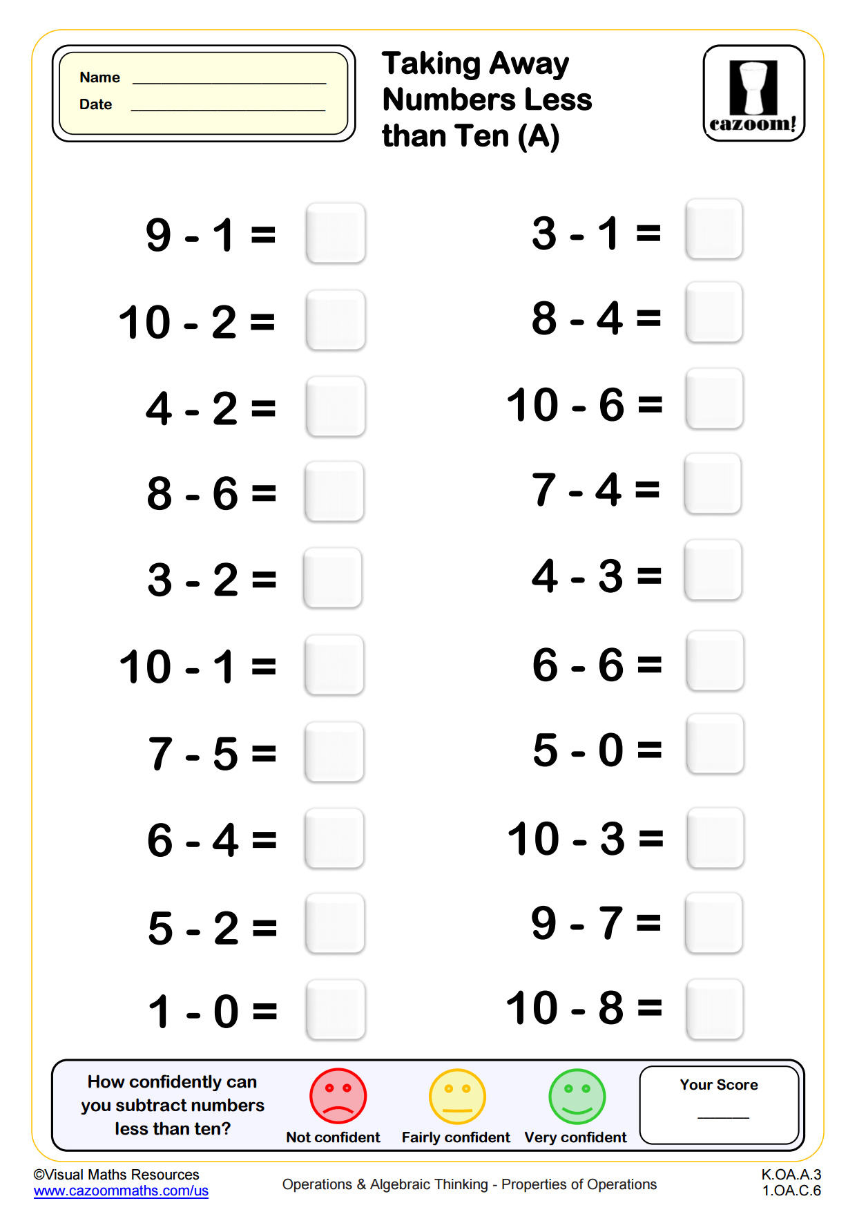 Subtracting Numbers Less Than 10 (A) | PDF printable Operations and ...
