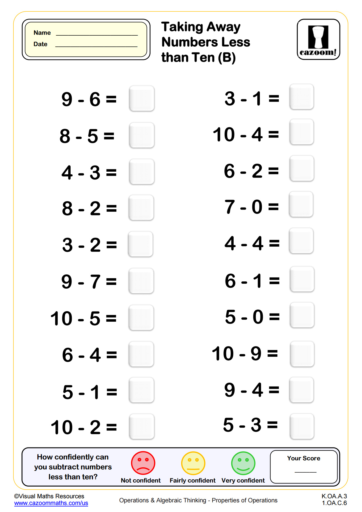Subtracting Numbers Less Than 10 (B) | Fun and Engaging K Grade PDF ...
