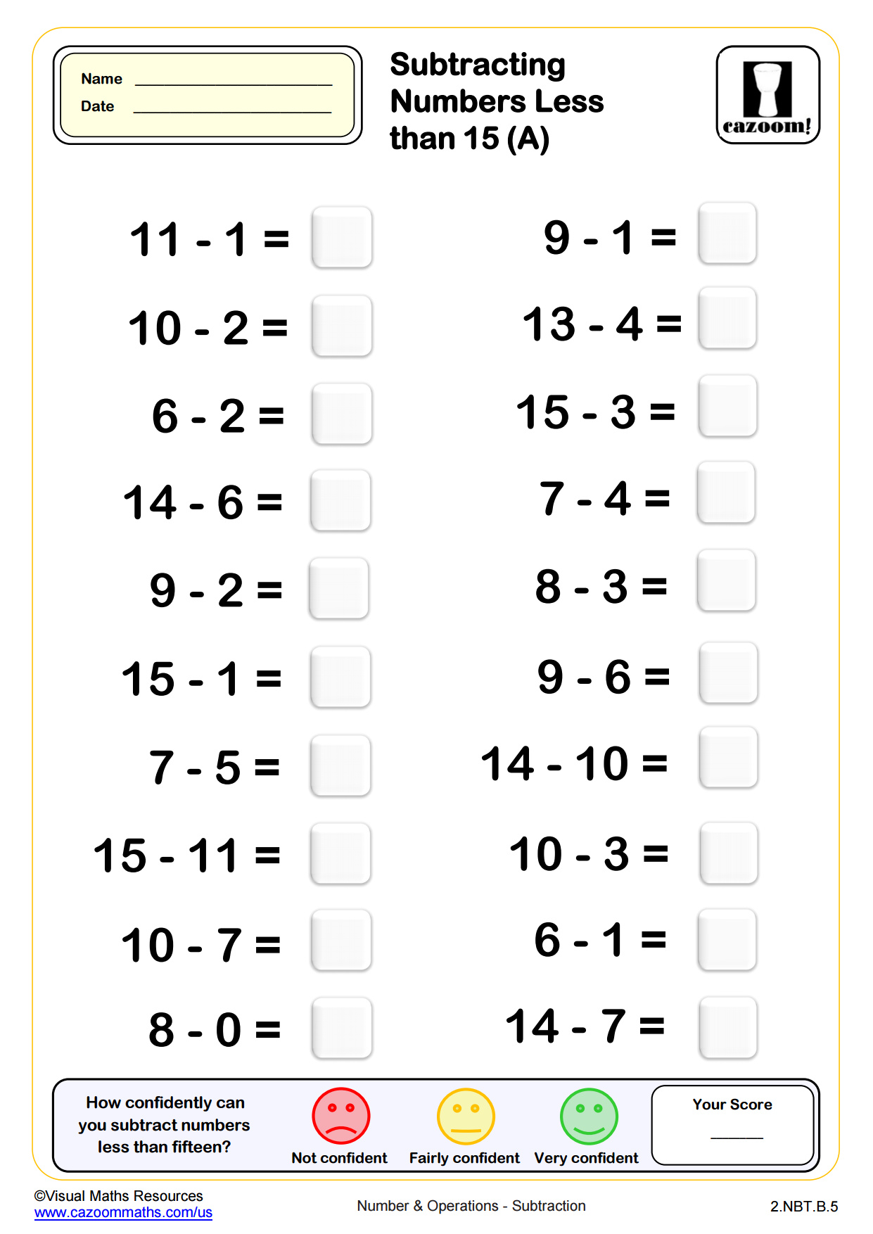 Subtracting Numbers Less Than 15 (A) | PDF printable Number and ...