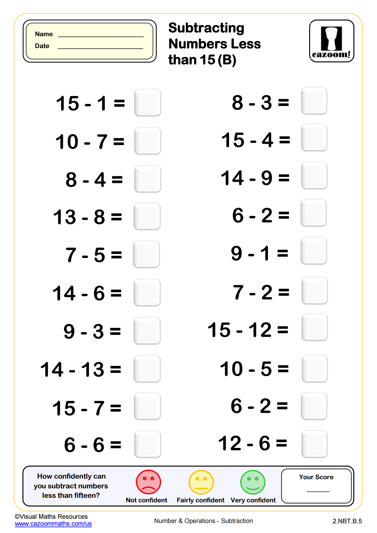 Subtracting Numbers Less Than 15 (B) | Fun and Engaging 2nd Grade PDF ...