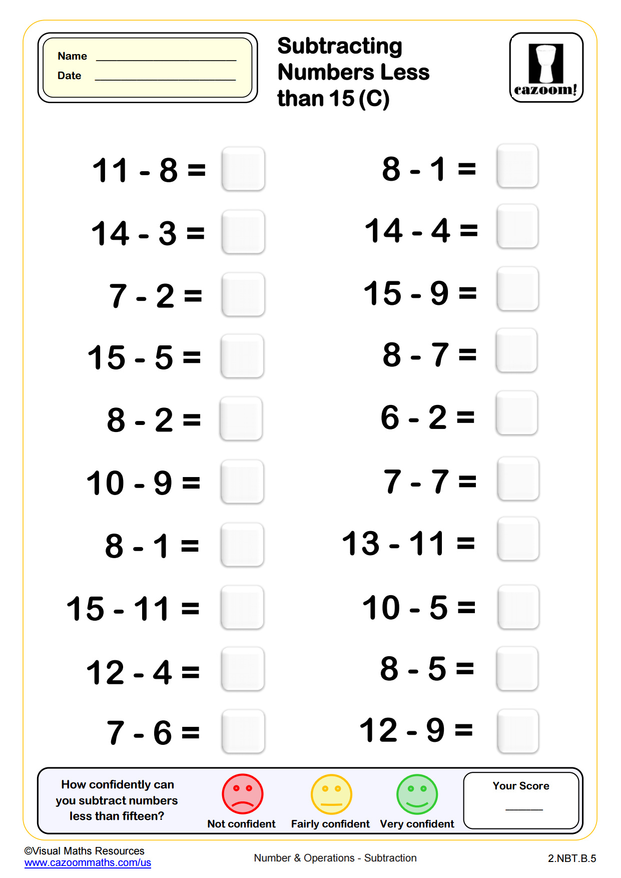 Subtracting Numbers Less Than 15 (C) | 2nd Grade PDF Number and ...