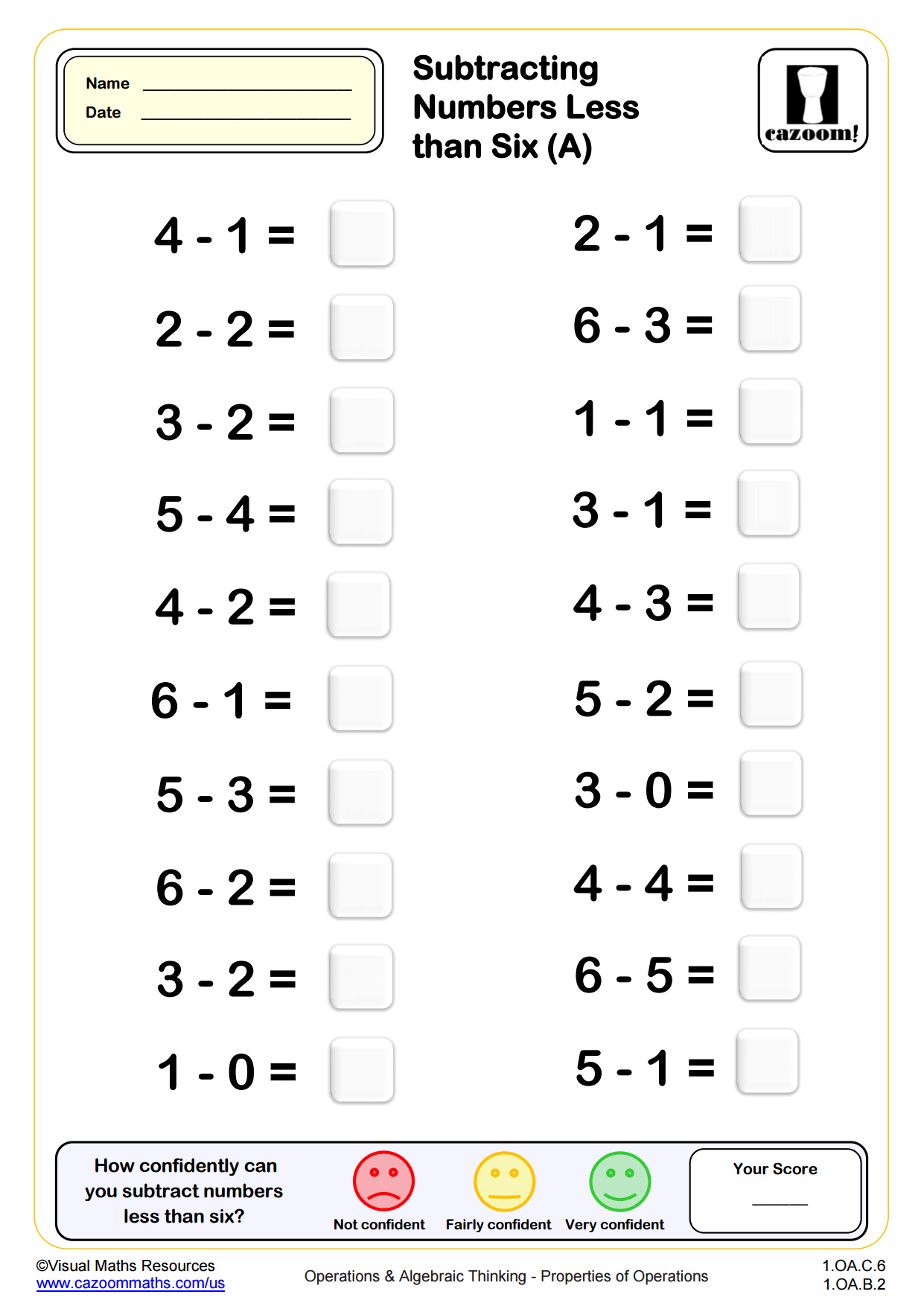 Subtracting Numbers Less Than 6 (A) | PDF printable Operations and ...