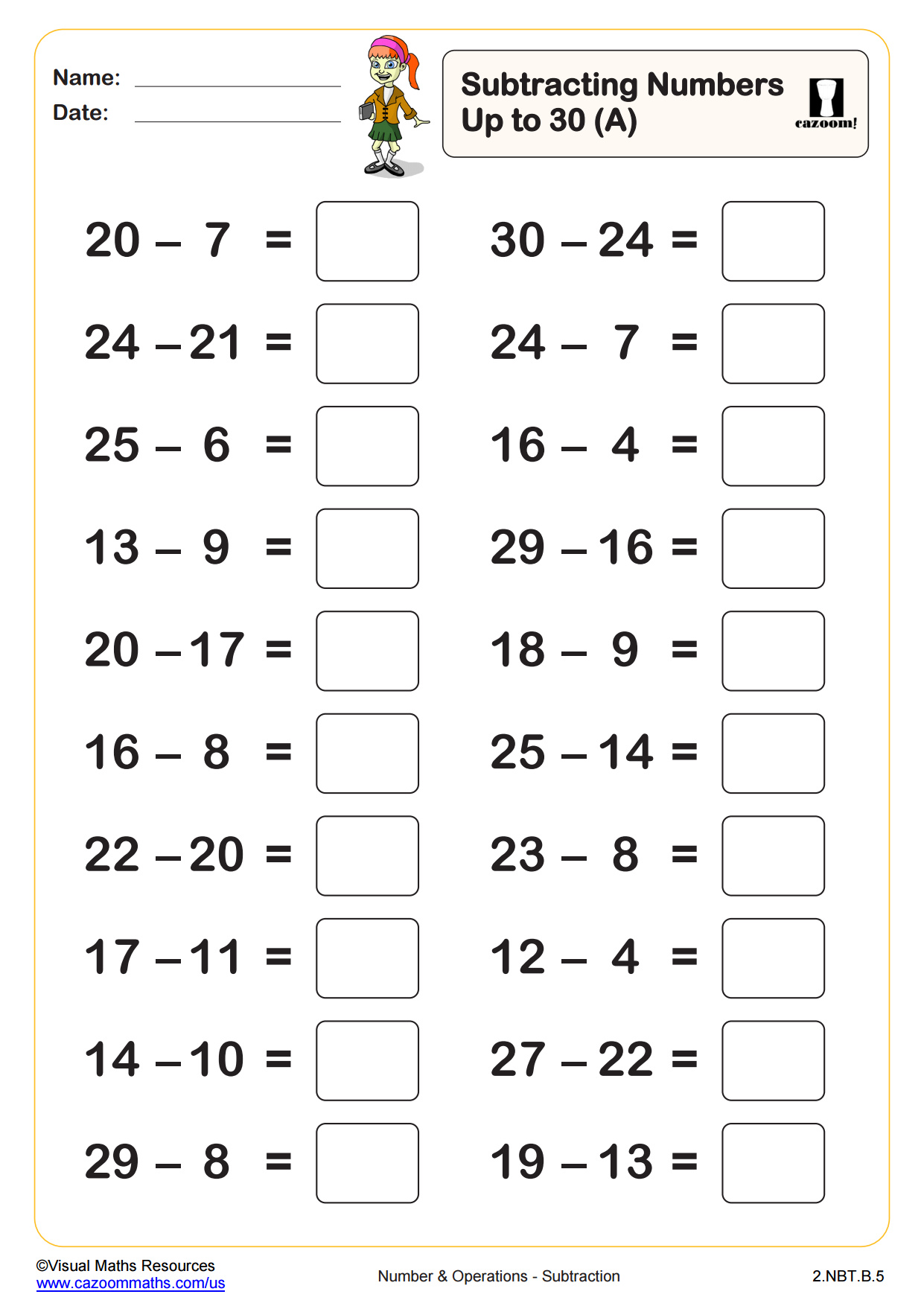 Subtracting Numbers Up to 30 (A) | Fun and Engaging 2nd Grade PDF ...