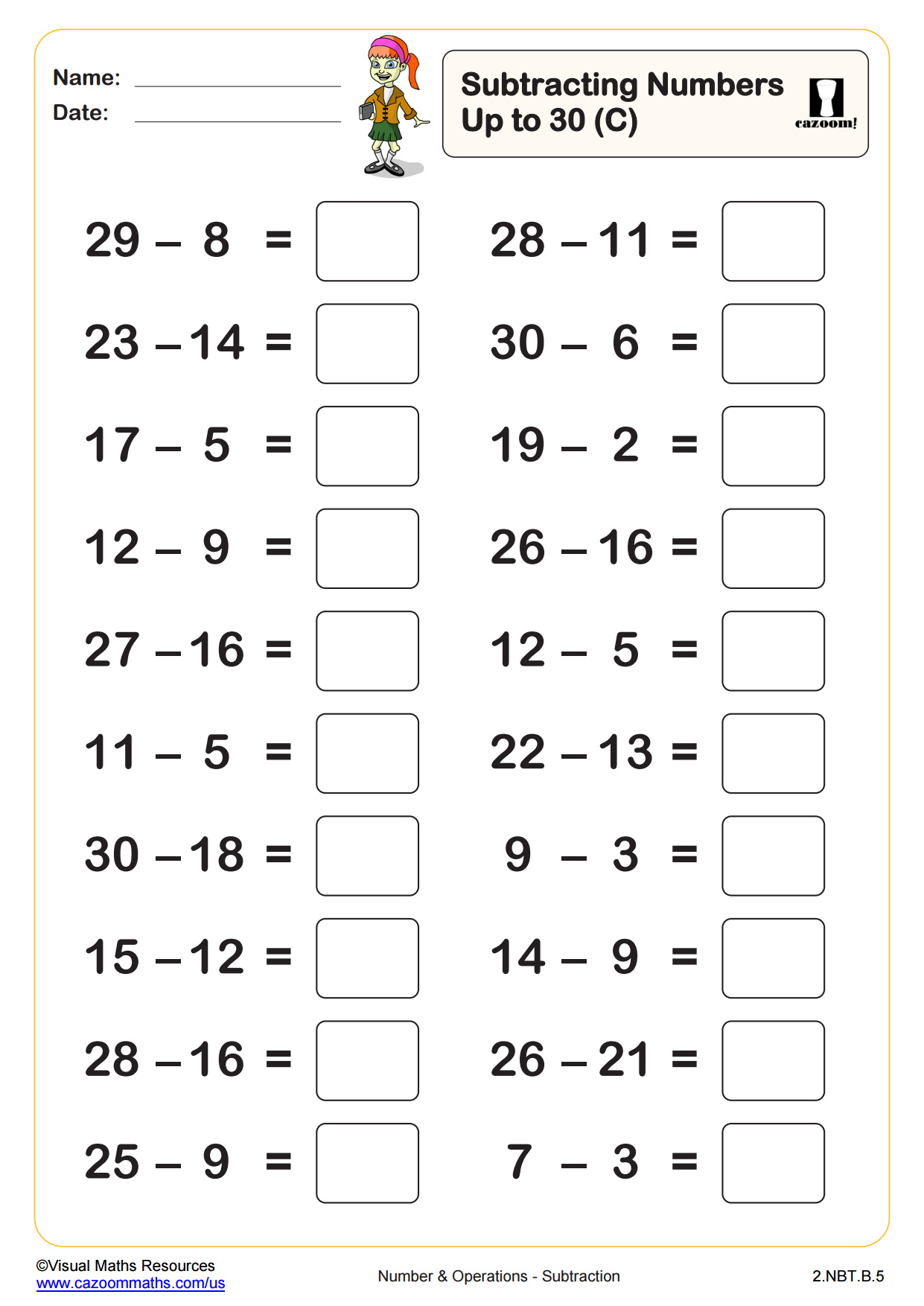 Subtracting Numbers Up to 30 (C) | PDF printable Number and Operations ...