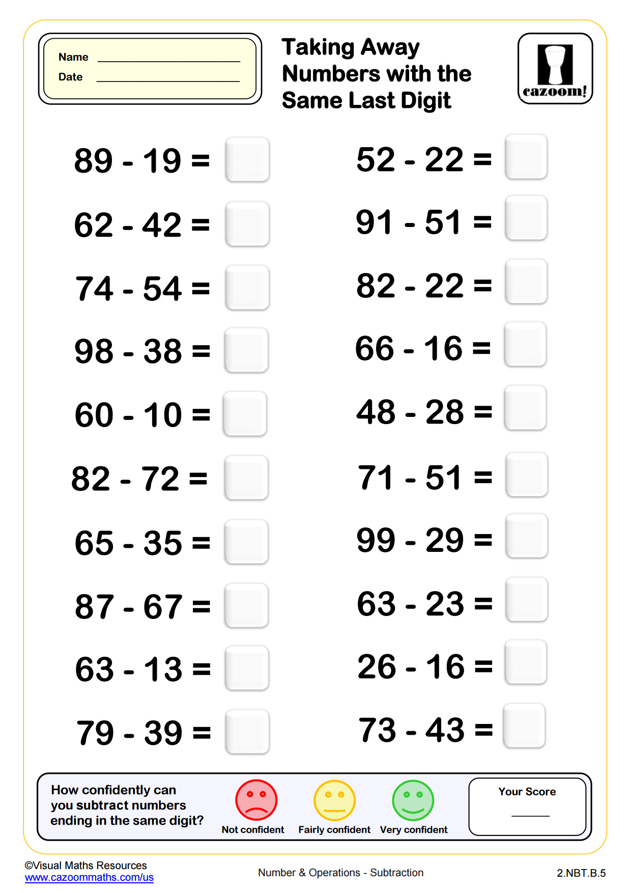 Subtracting Numbers with the Same Last Digit (20 questions) | 2nd Grade ...