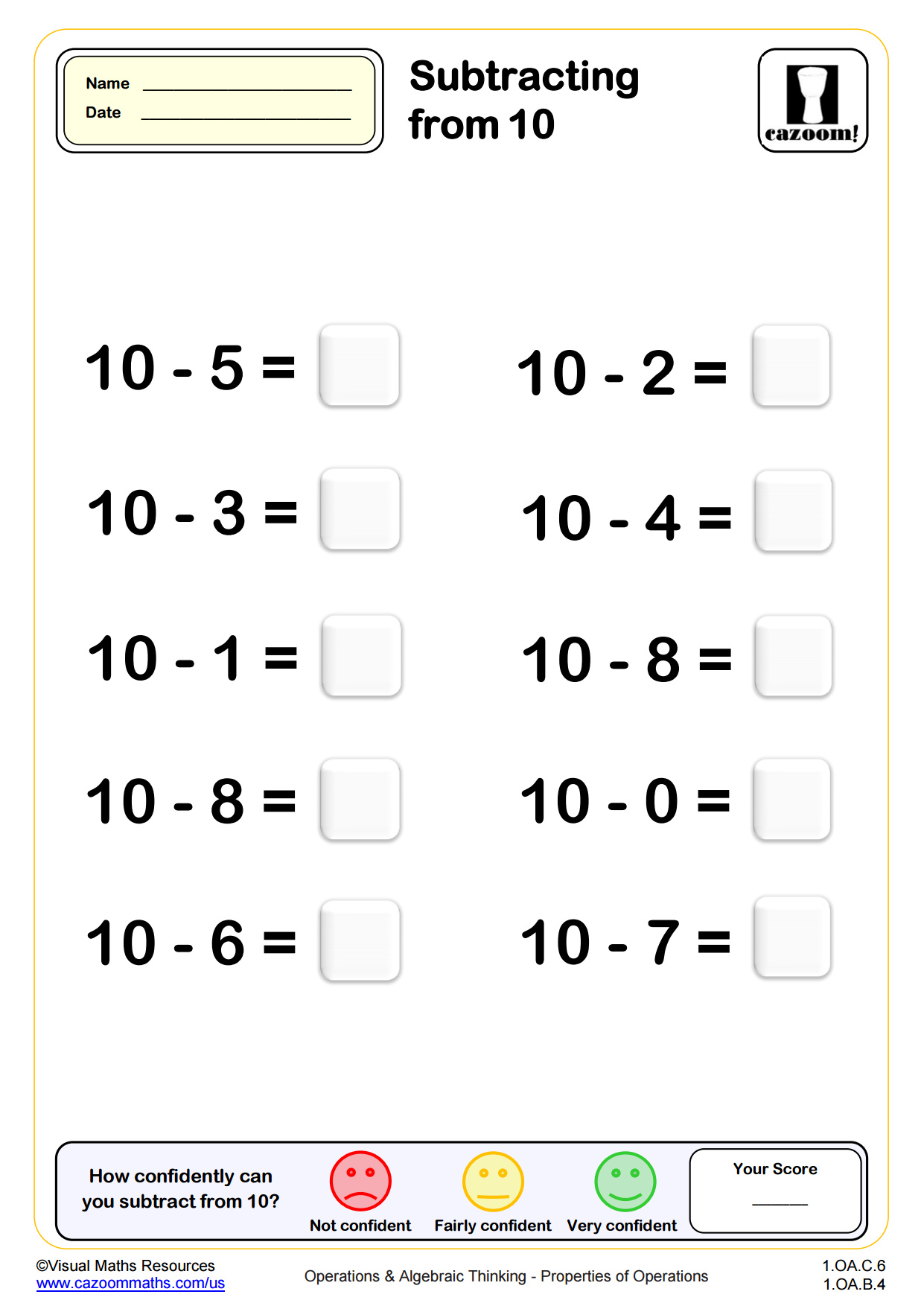 Subtracting from 10 Drills (10 questions) | PDF printable Operations ...