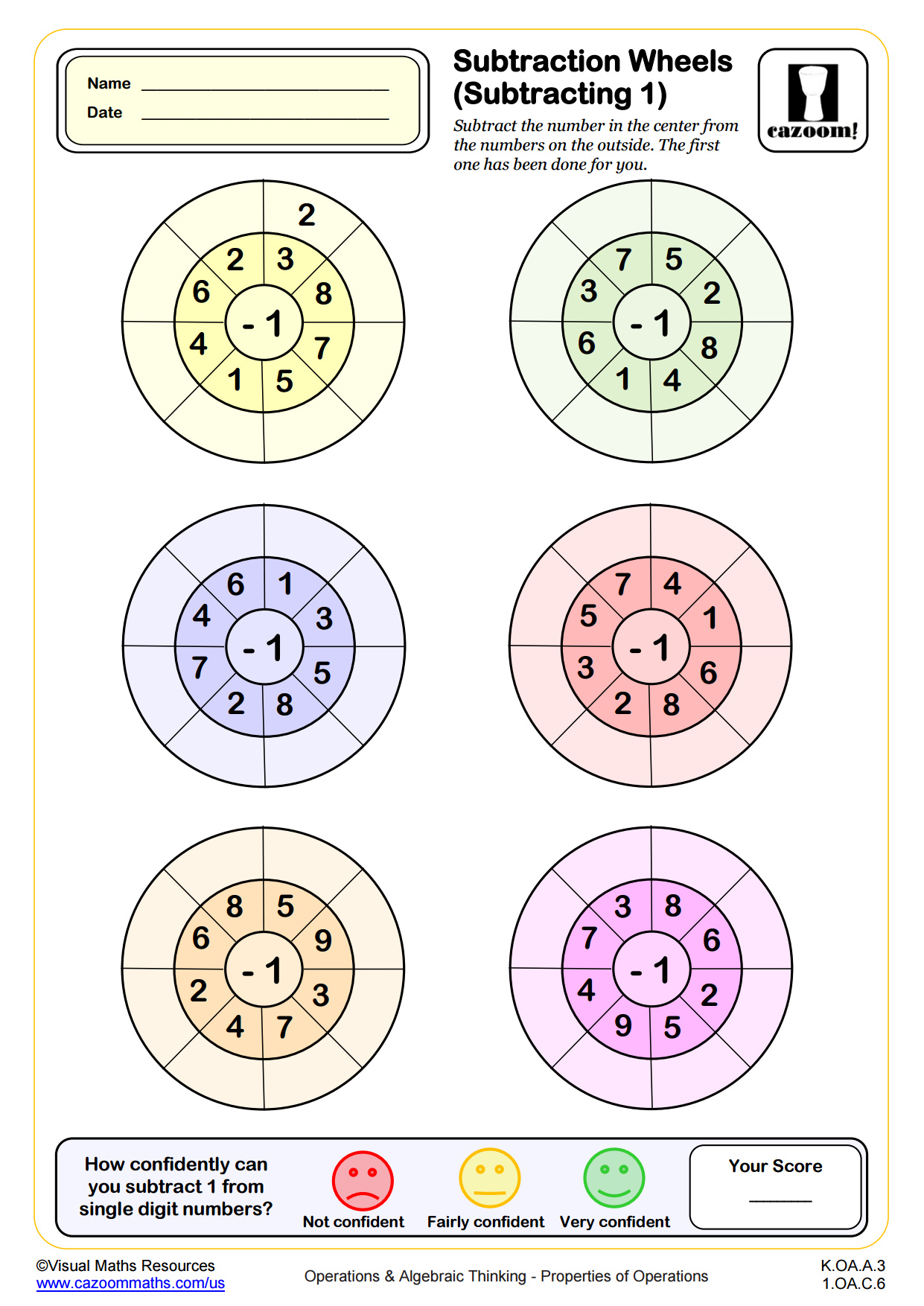 Subtraction Wheels (Subtracting 1) | PDF printable Operations and ...