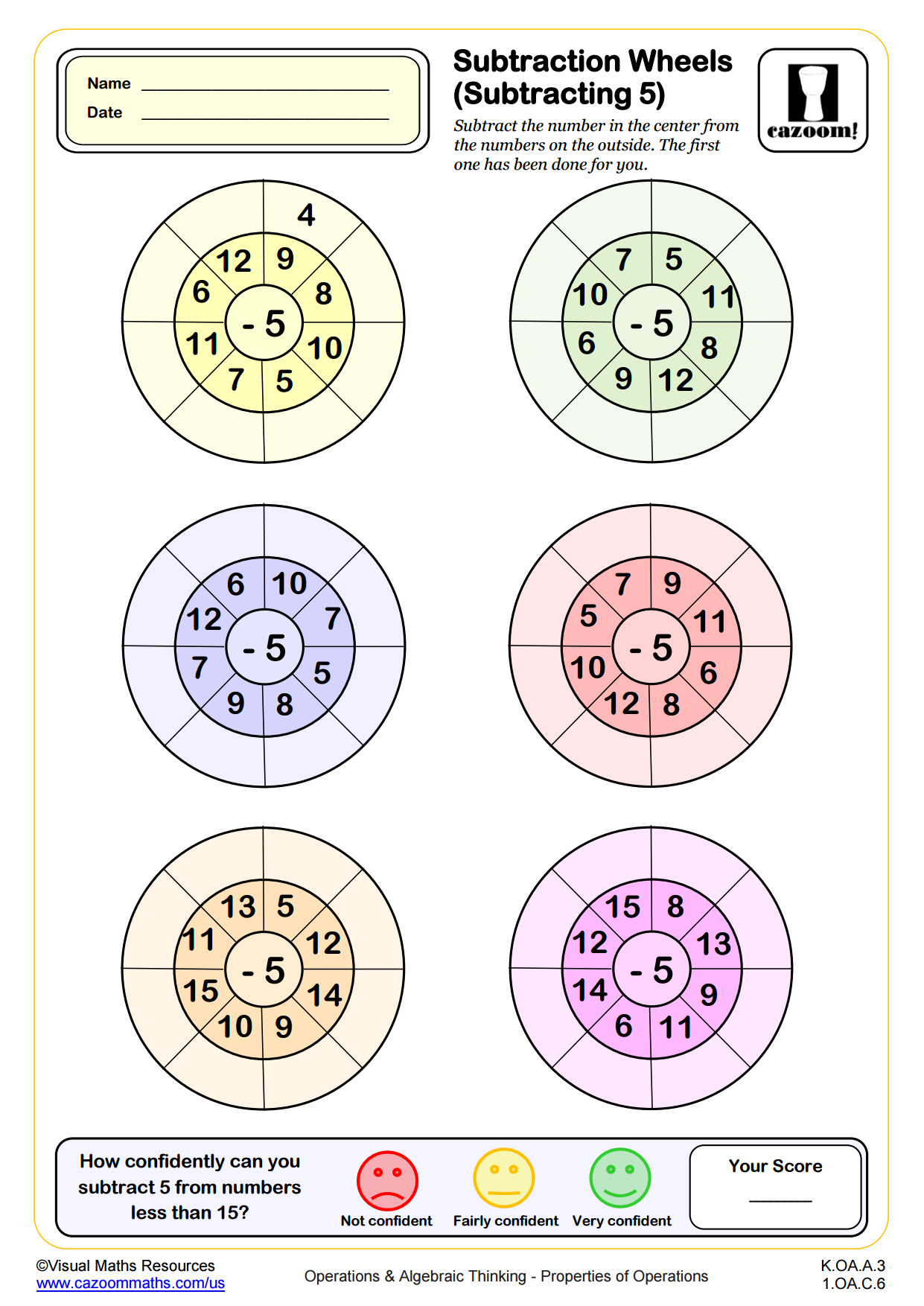 Subtraction Wheels (Subtracting 5) | K Grade PDF Operations and ...
