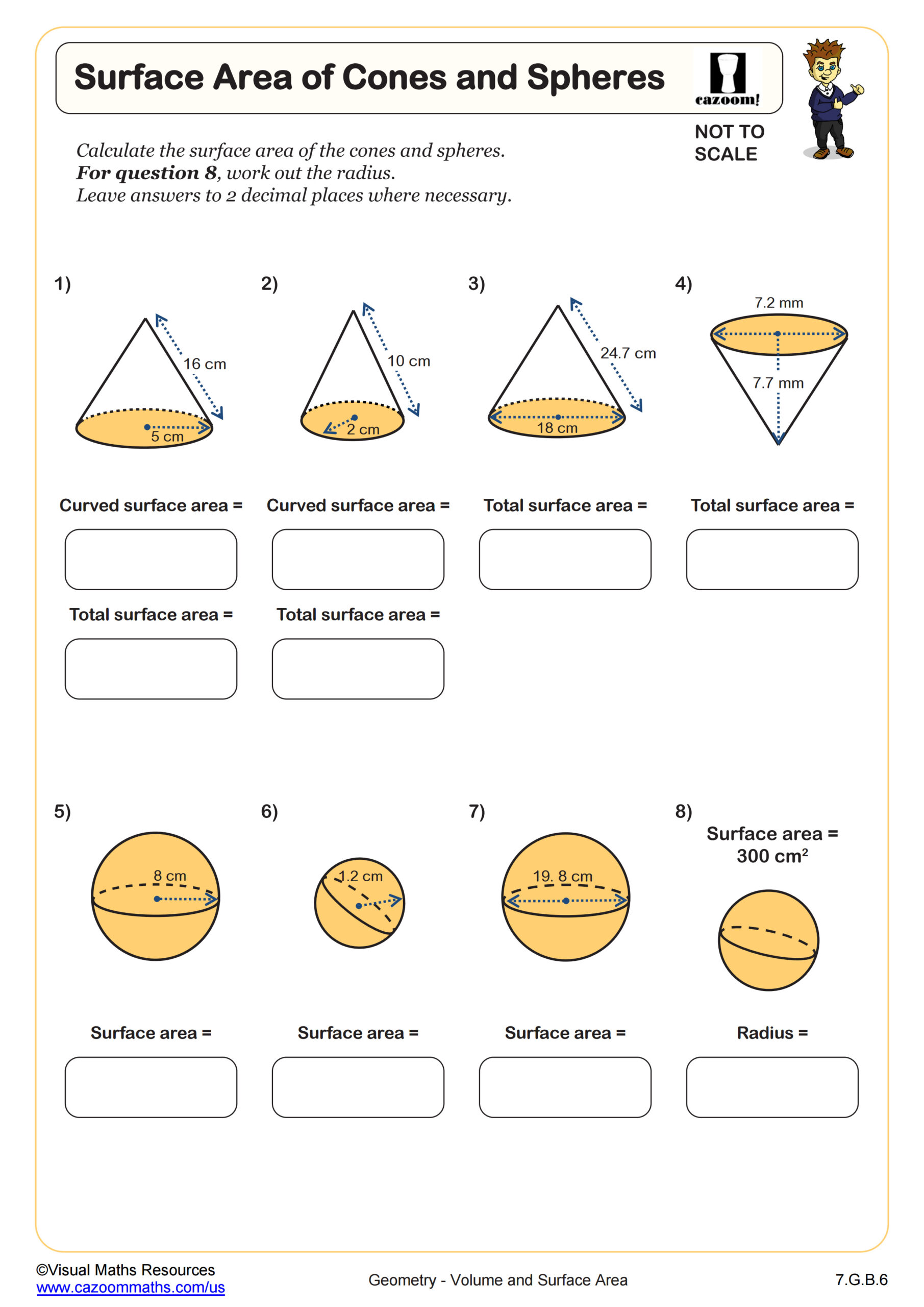 Surface Area of Cones and Spheres Worksheet | PDF Printable Geometry ...