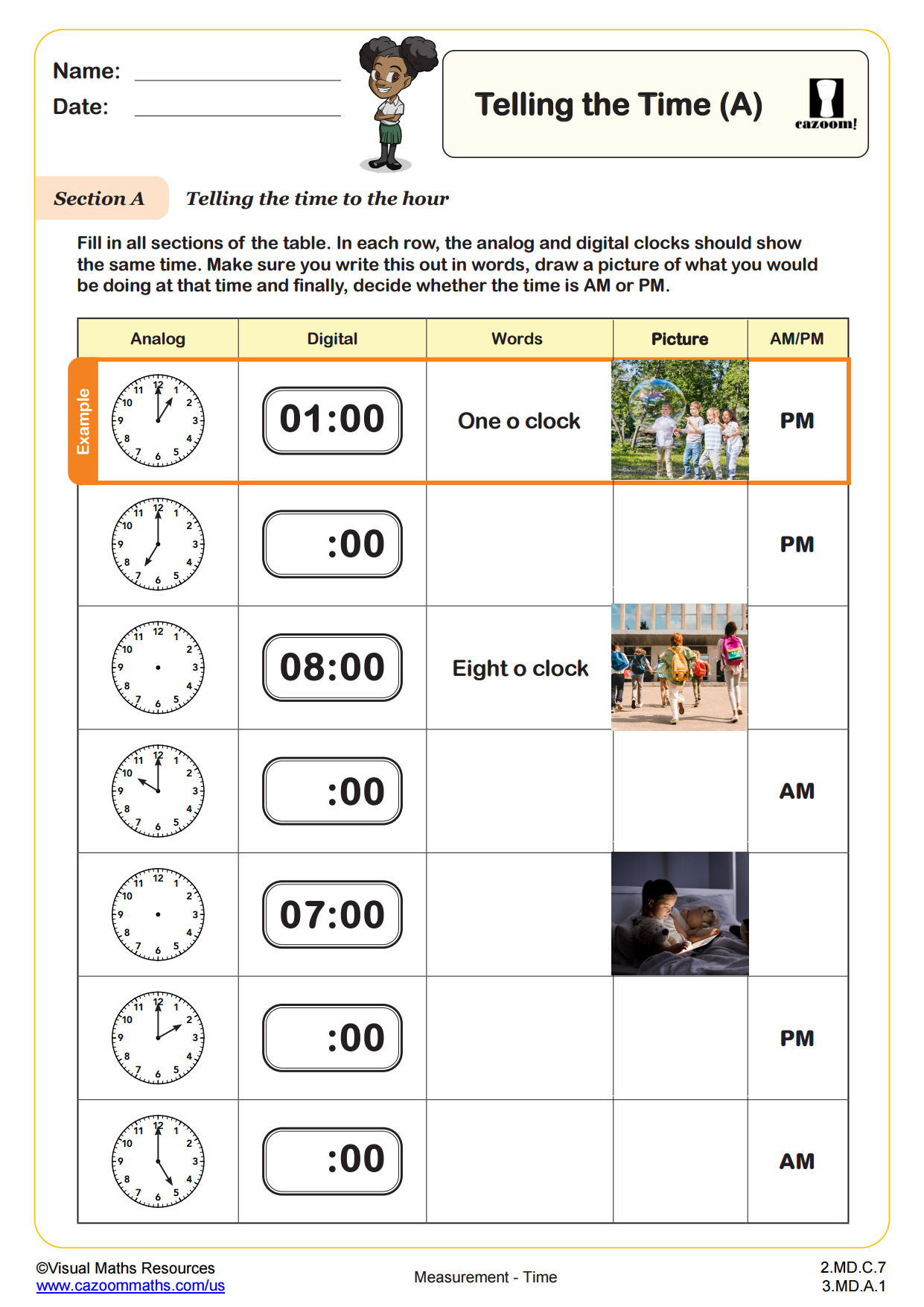 Telling the Time (A) | 2nd Grade PDF Measurement Worksheets