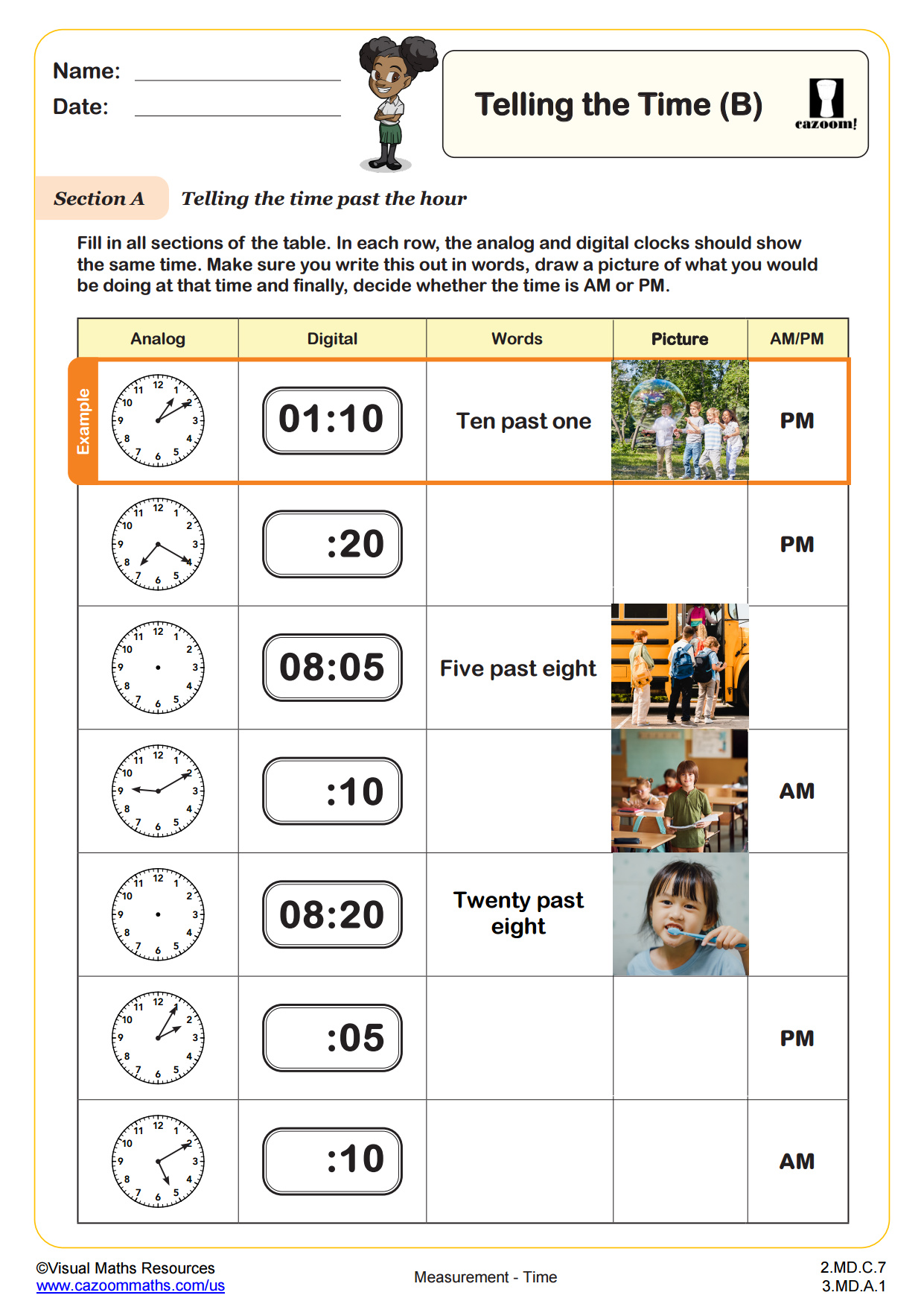 Telling the Time (B) | PDF printable Measurement Worksheets