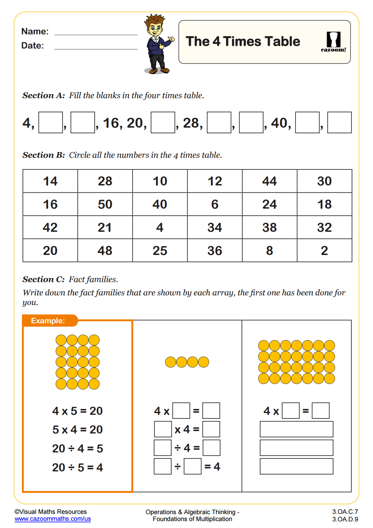The Four Times Table | PDF printable Operations and Algebraic Thinking ...