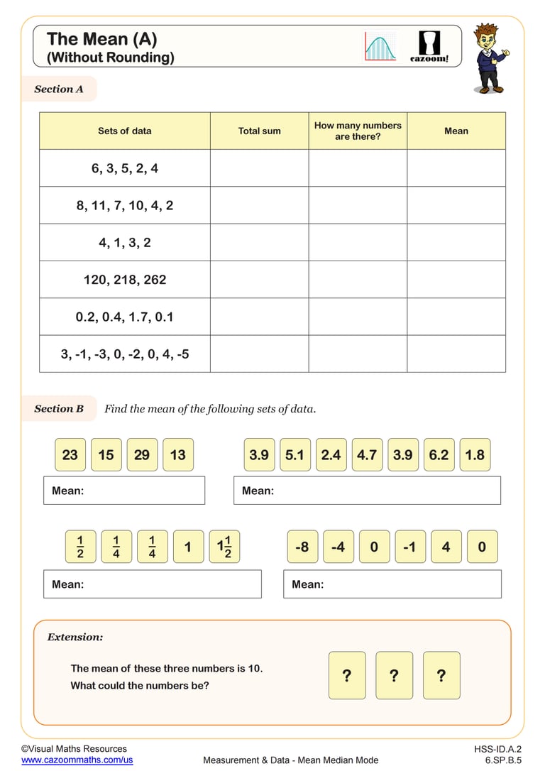 The Mean (A) Worksheet | Algebra I PDF Worksheets