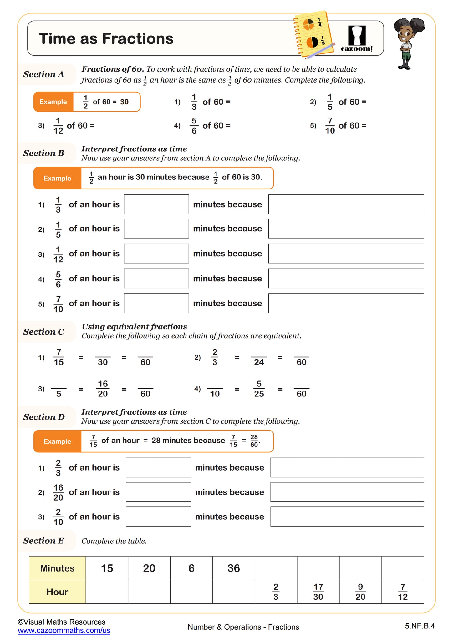 Time as Fractions (A) Worksheet | 5th Grade PDF Worksheets