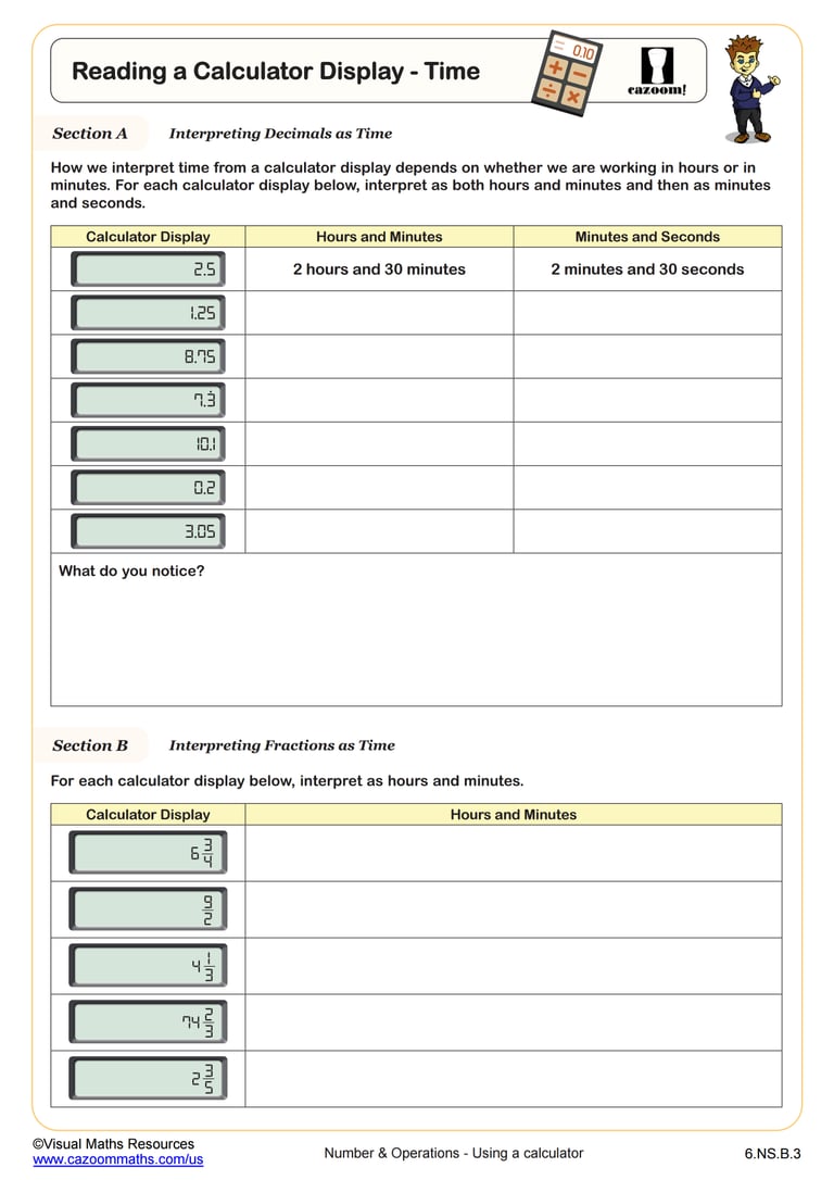 Time on the Calculator Worksheet | Fun and Engaging 6th Grade PDF ...